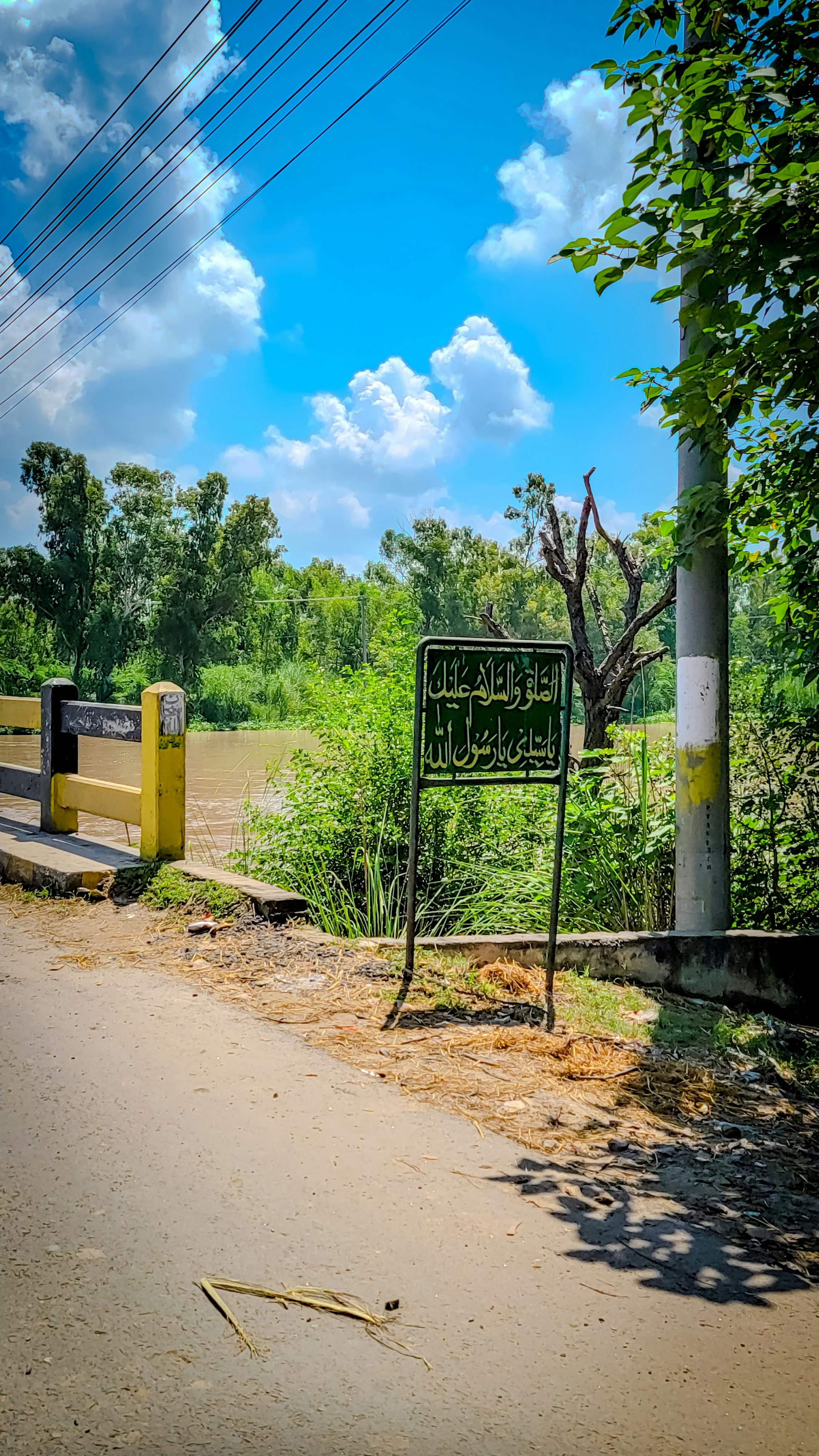 Riverside Signpost Beneath a Bright Sky