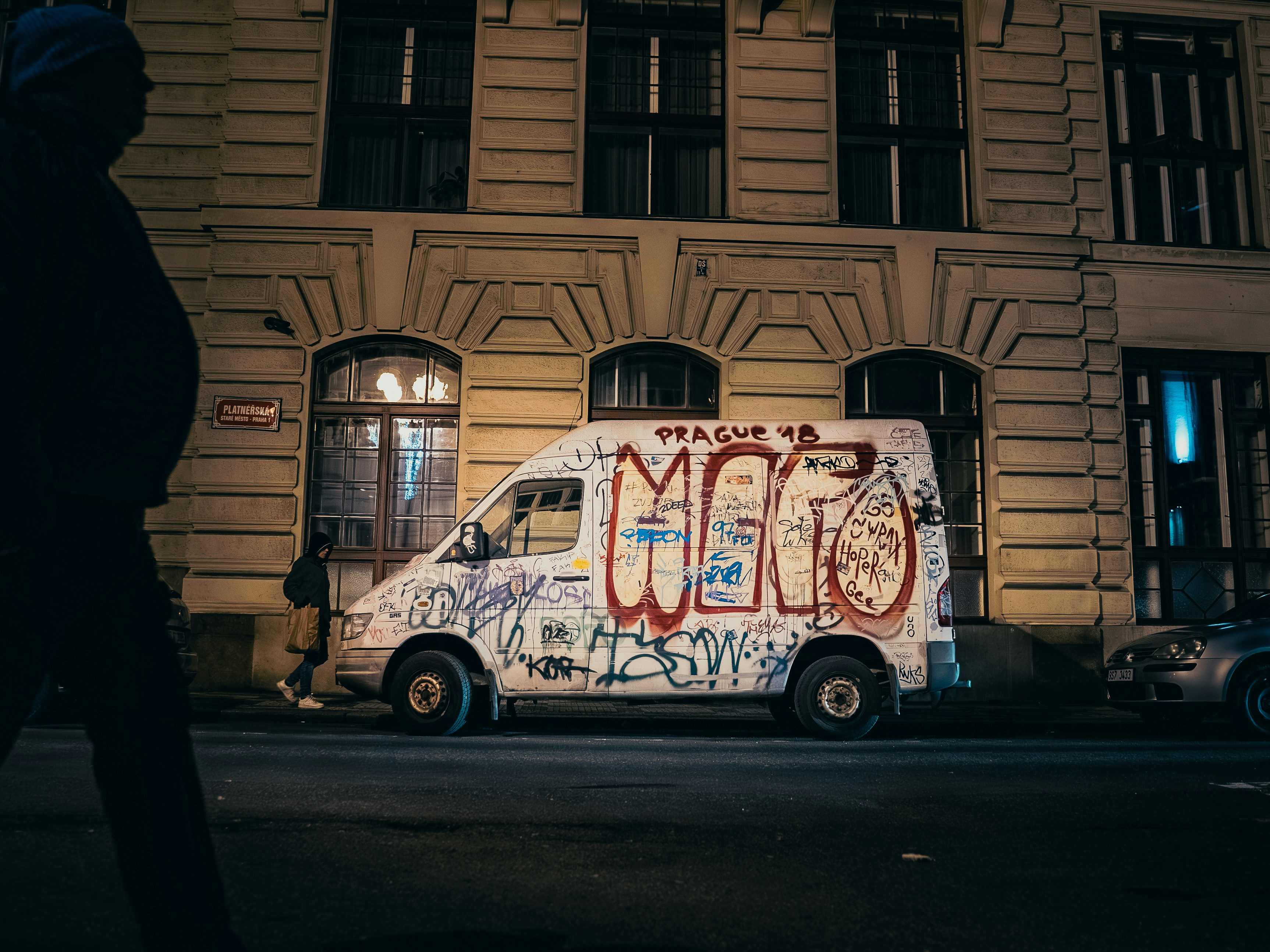 Midnight Graffiti Van Illuminates a Quiet European Street