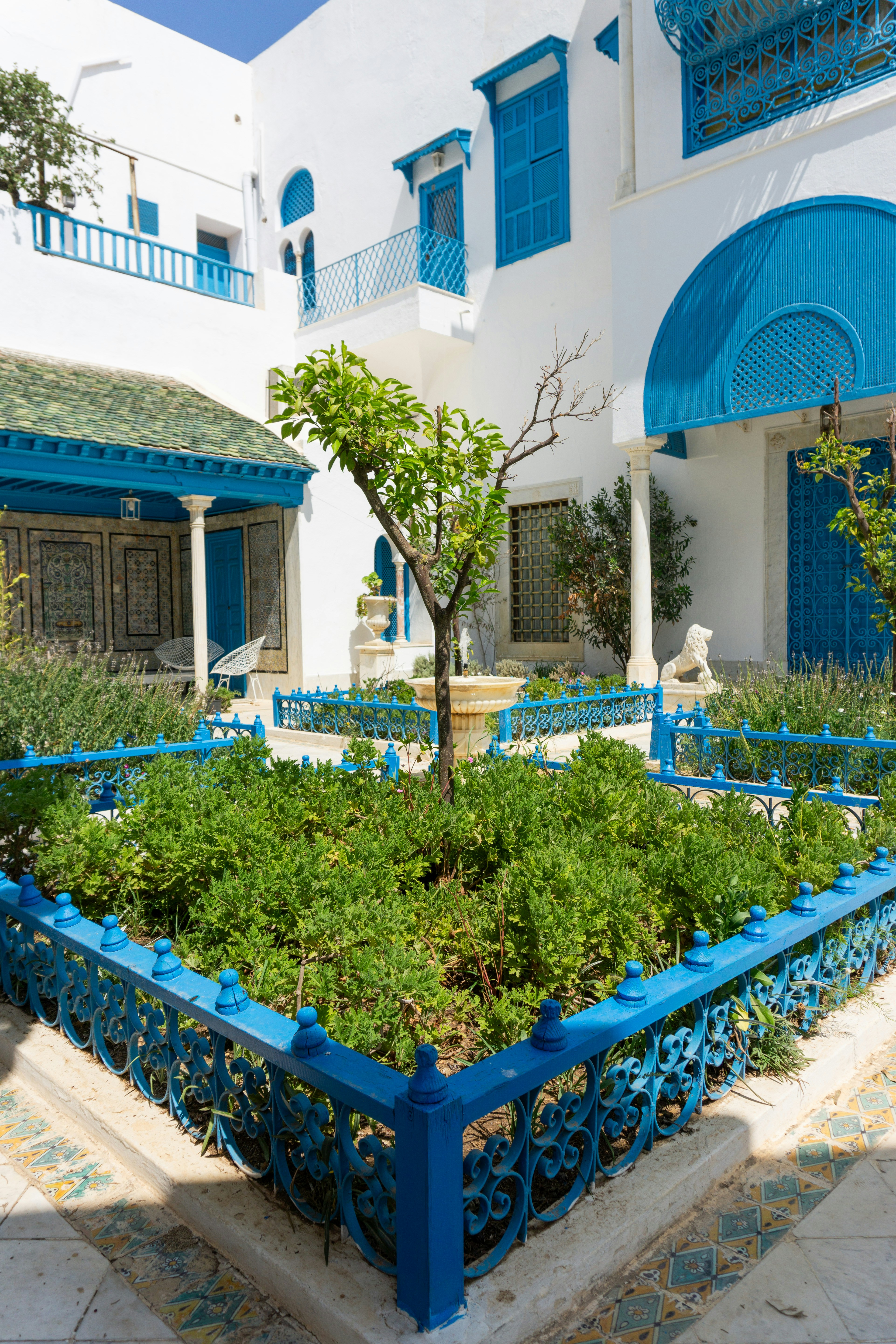 Azure-White Courtyard: A Sunlit Tunisian Oasis Framed by Blue Doors and Railings