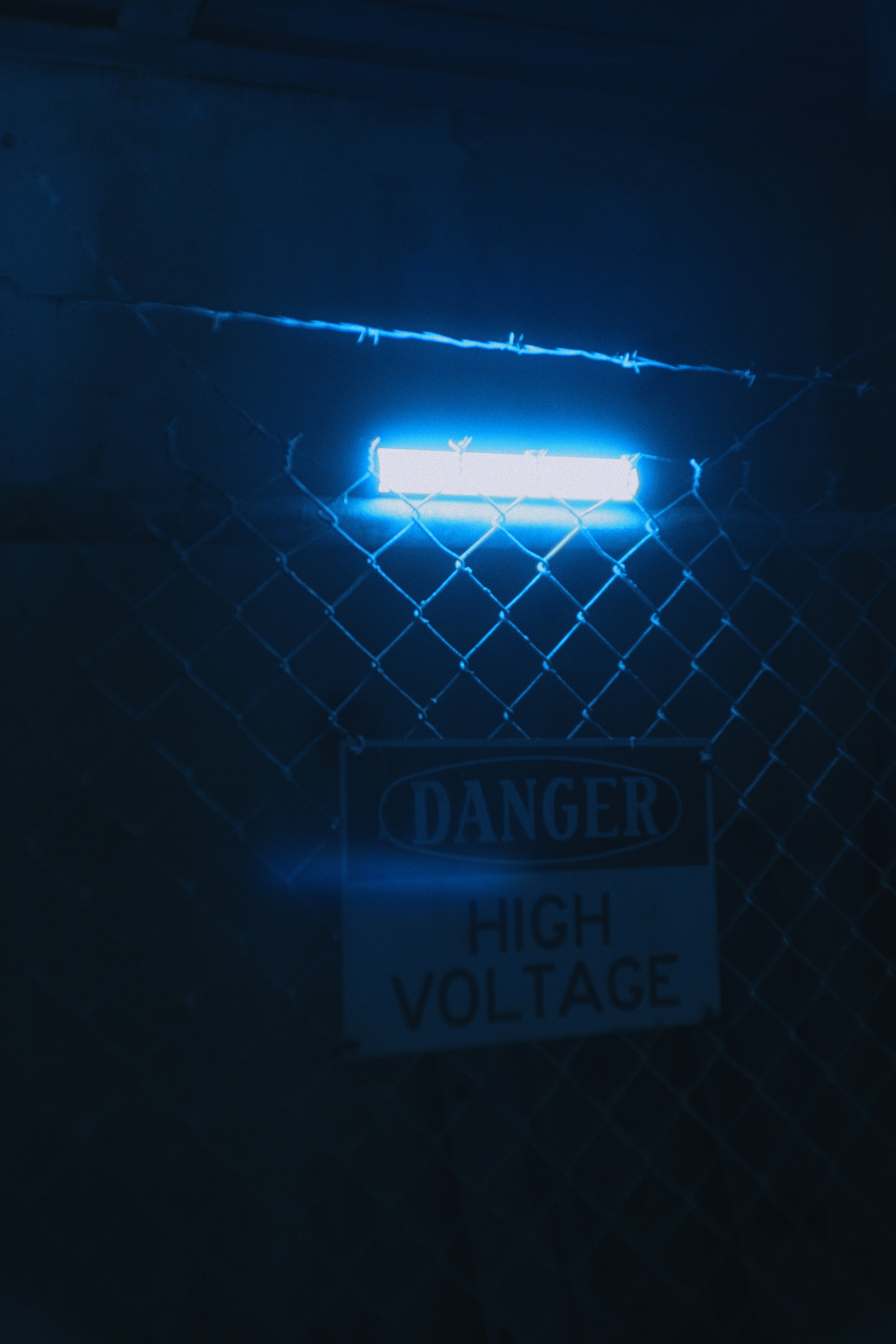 Blue Neon Barrier: The Quiet Pulse Behind a Chain-Link Fence