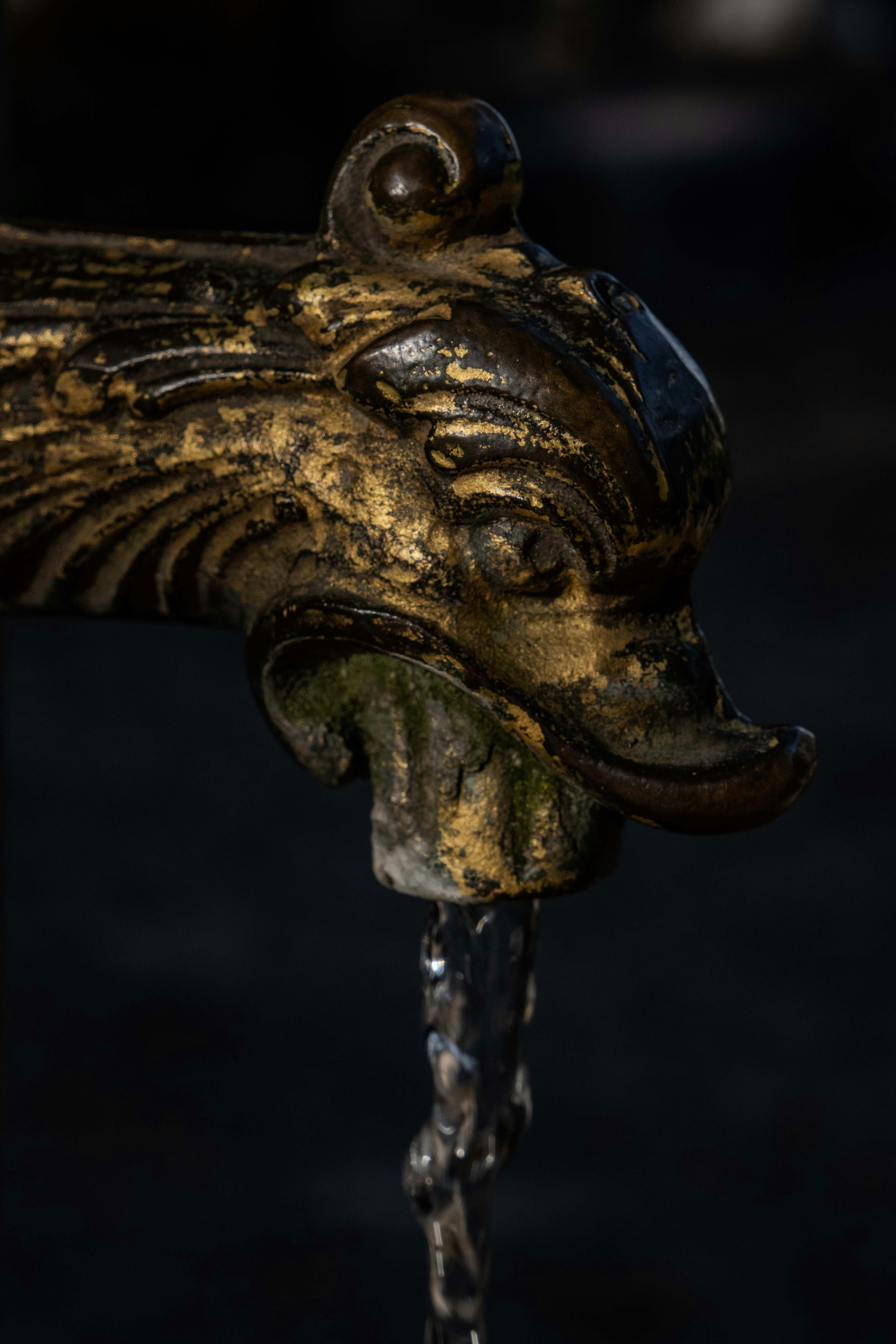 Gilded Dragon Head Fountain: Time-Worn Ornament Weeping Water