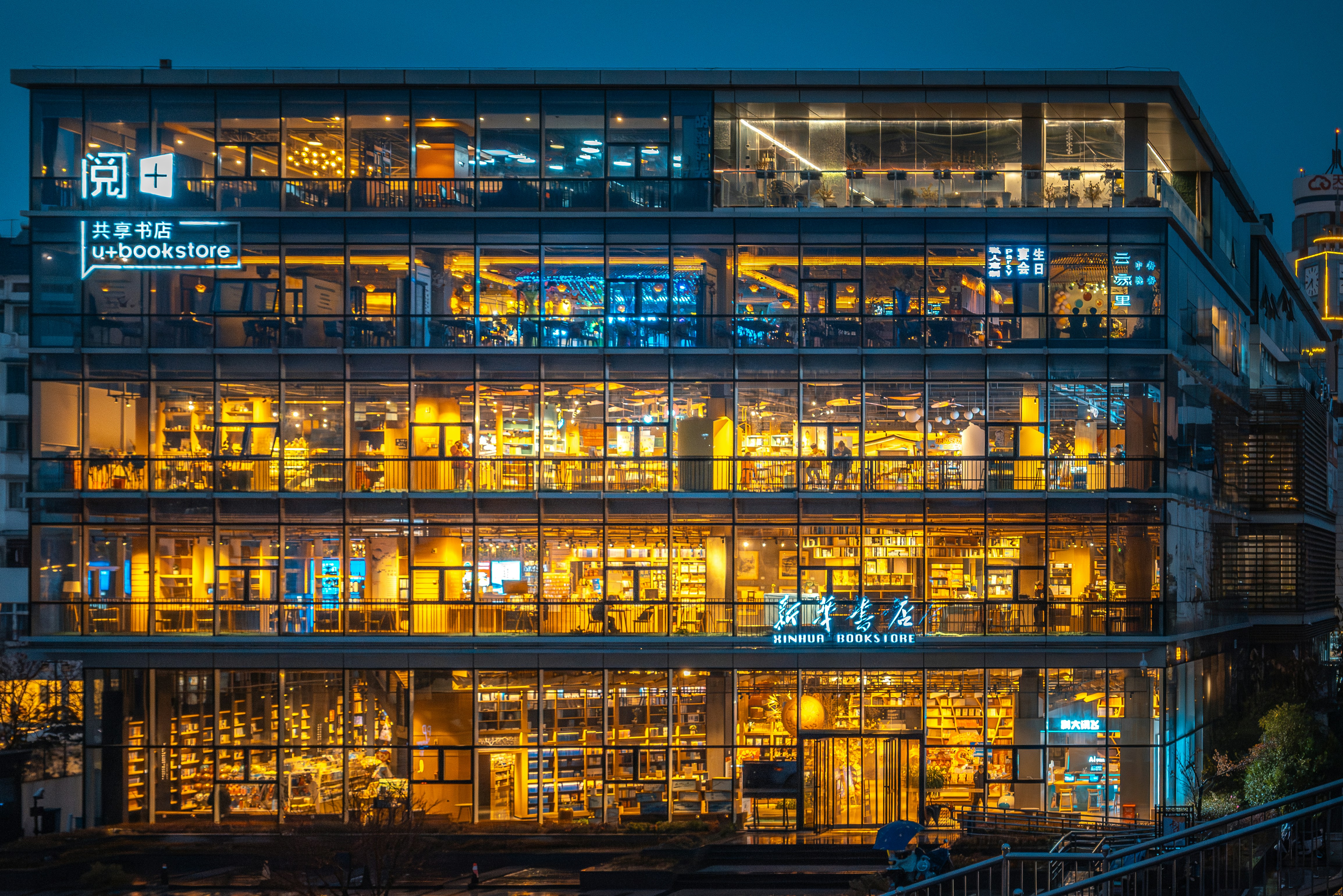 Luminous Bookshelf: A Glass-Front Library Straddling Day and Night