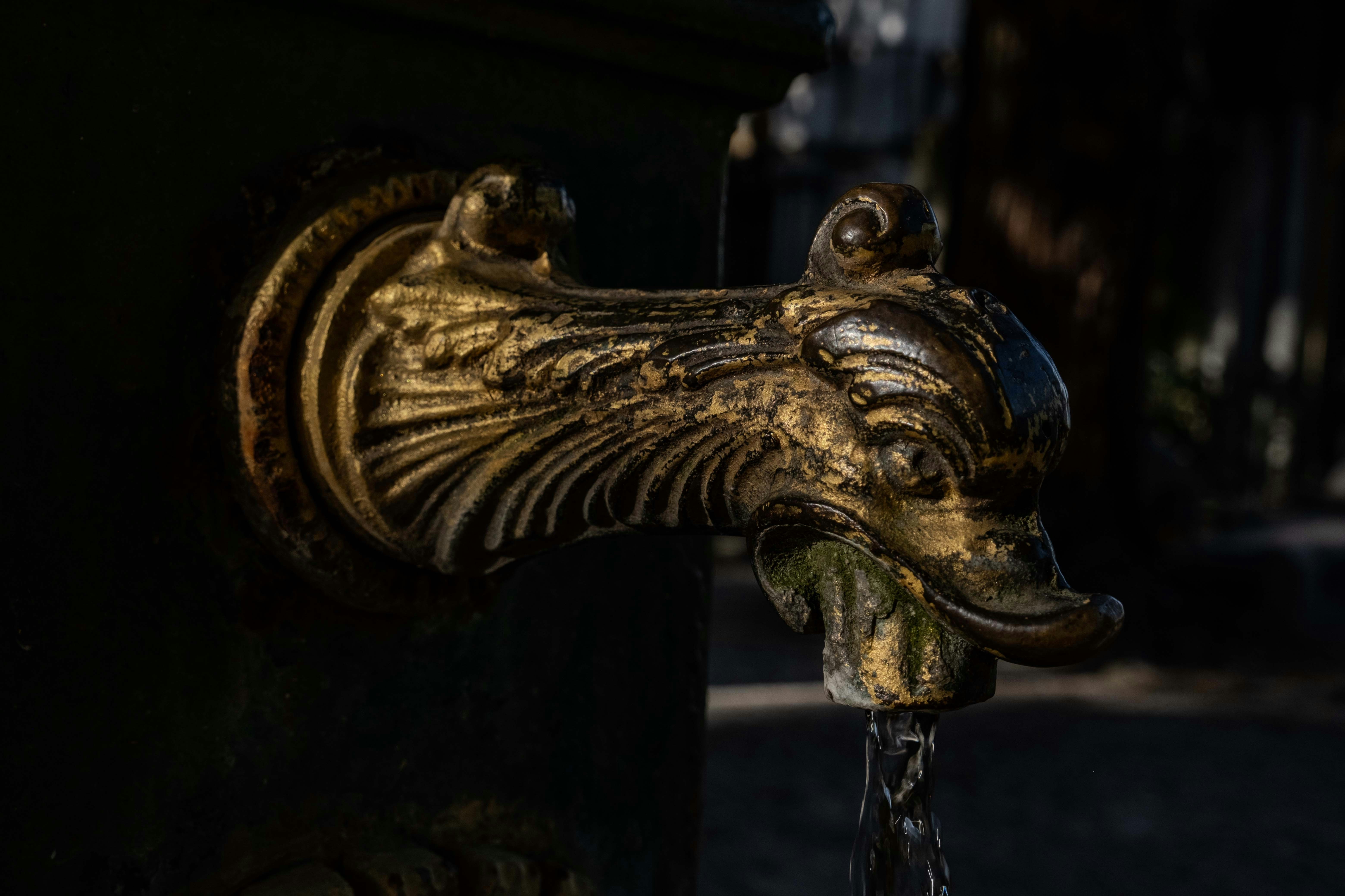 Dragon-Head Spout in Dusk: A Quiet Metal Fountain