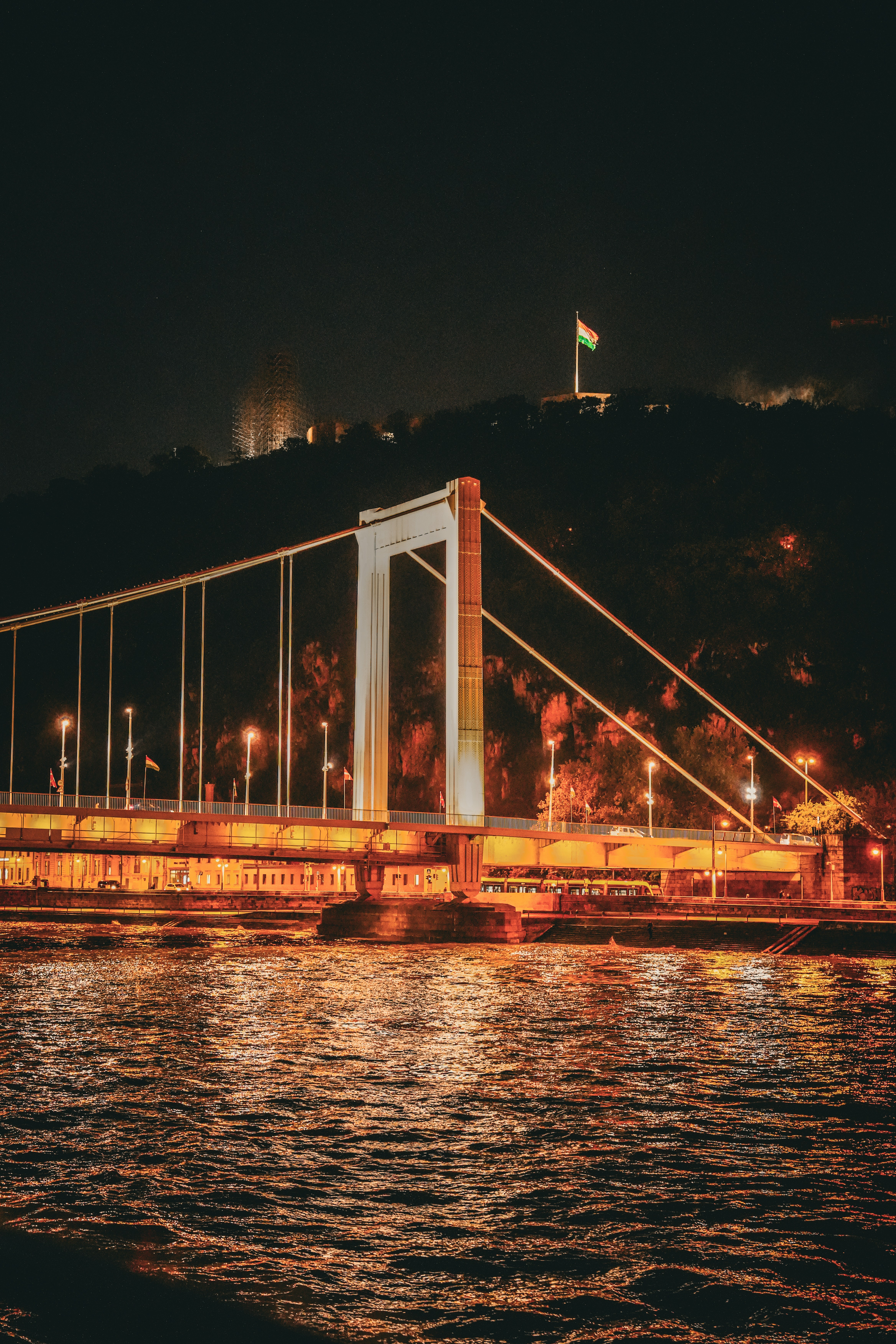 Amber Arc at Night: Suspension Bridge Illumination over a Reflective River