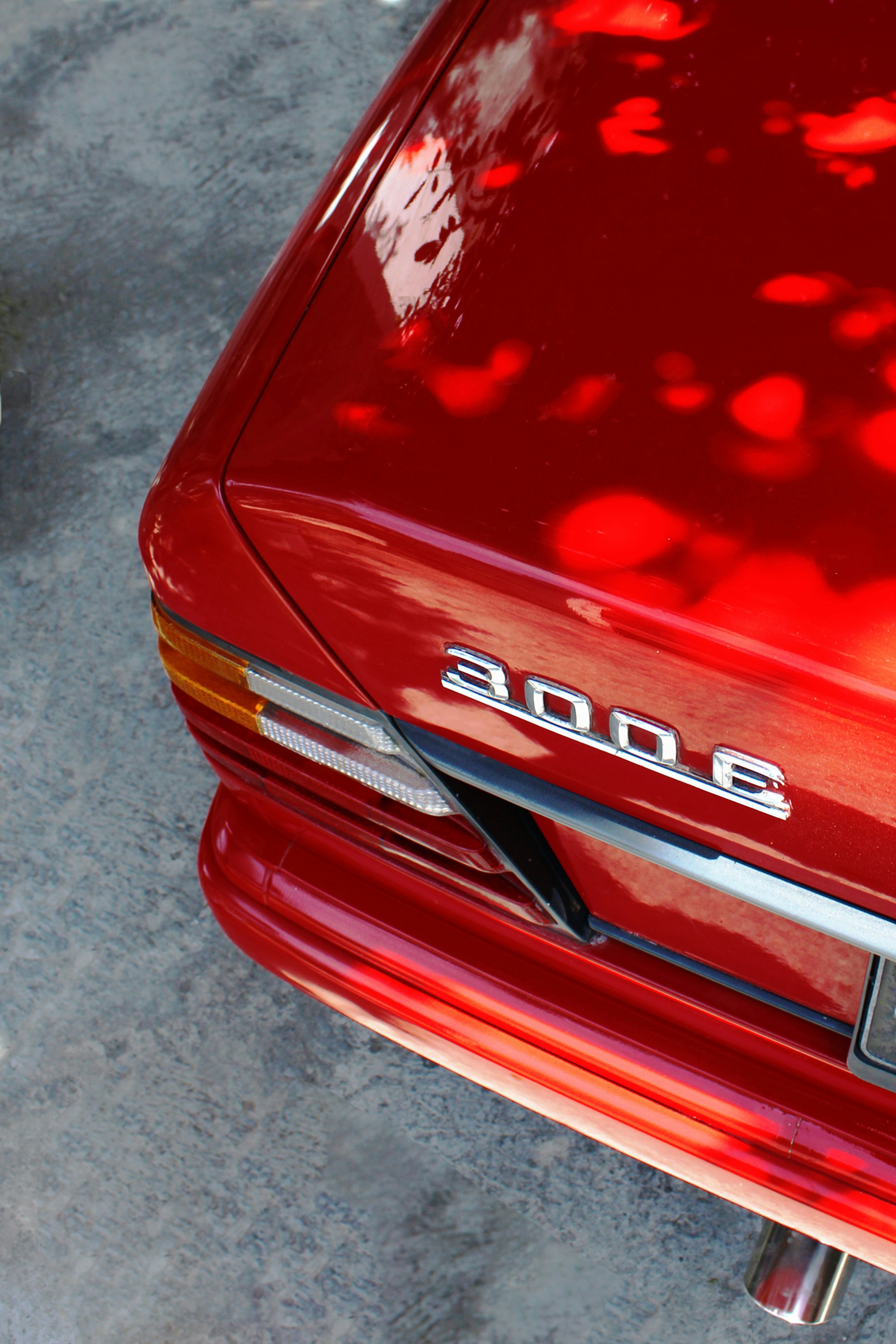 Crimson Trunk, Chrome 300E: Light-Dappled Reflections on a Classic Emblem