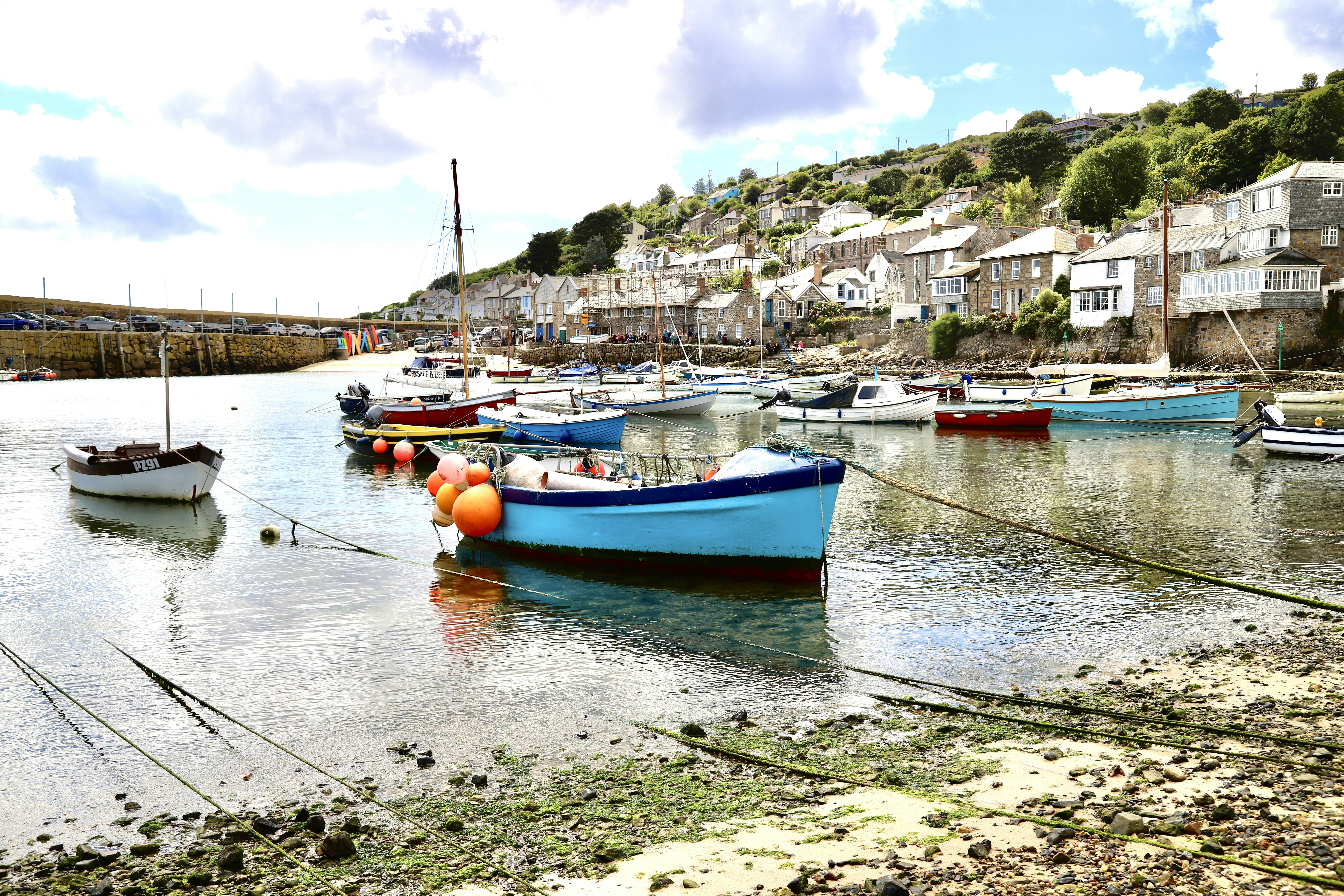 Colorful boats anchored in a tranquil harbor with a backdrop of quaint houses and lush hills. The scene captures the essence of coastal life.