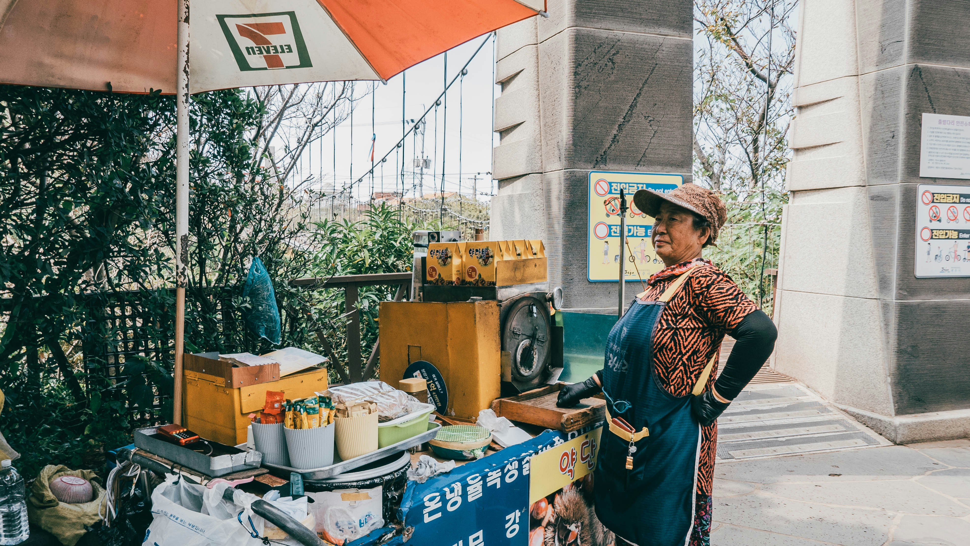 A street vendor stands beside her colorful cart, showcasing various ingredients and tools, under the shade of a vibrant umbrella. The scene captures the essence of local commerce.