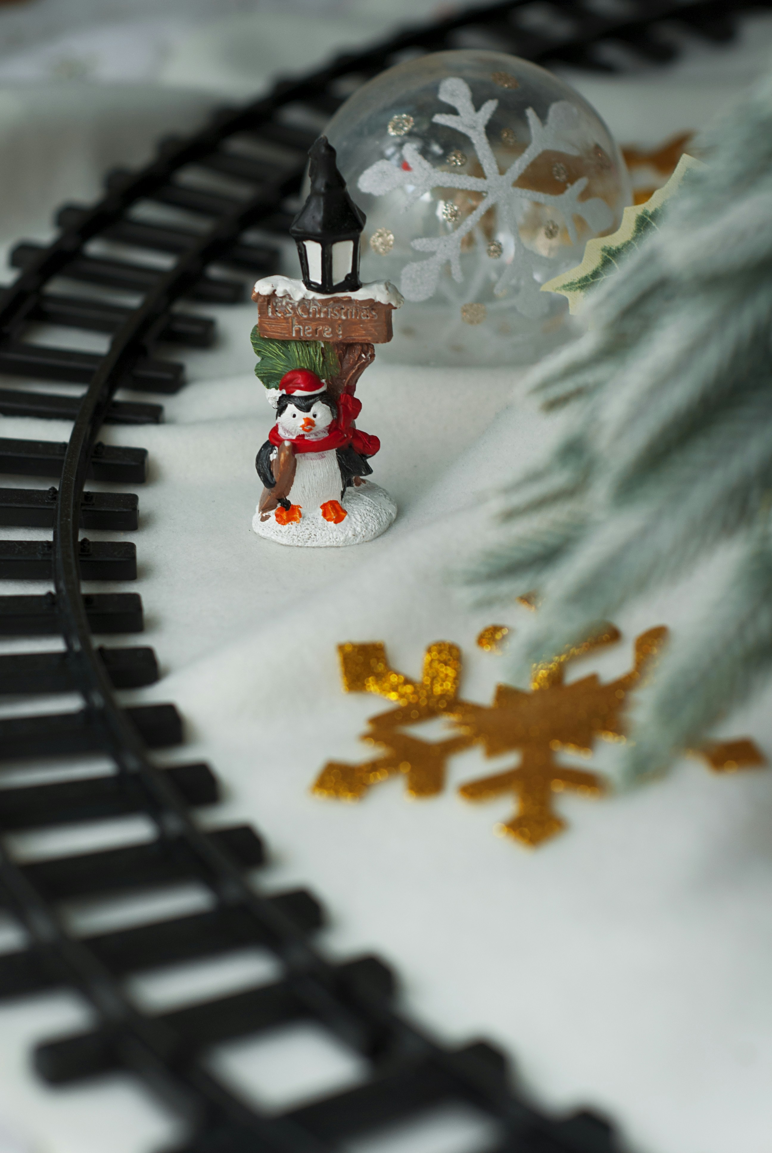 Snowman Lantern by the Curved Rails: A Tiny Holiday Rail Scene
