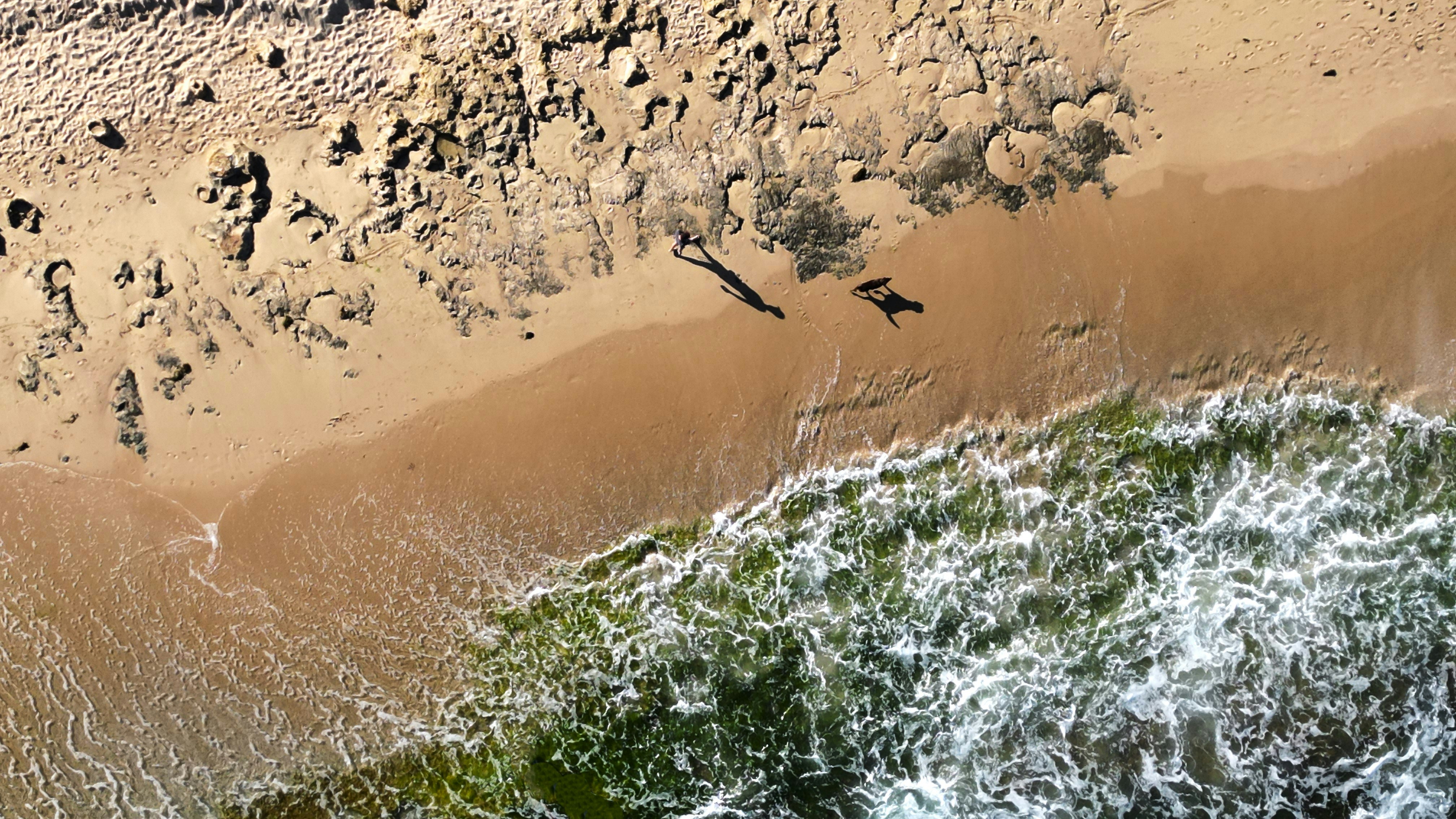 Aerial view of waves breaking on a rocky beach