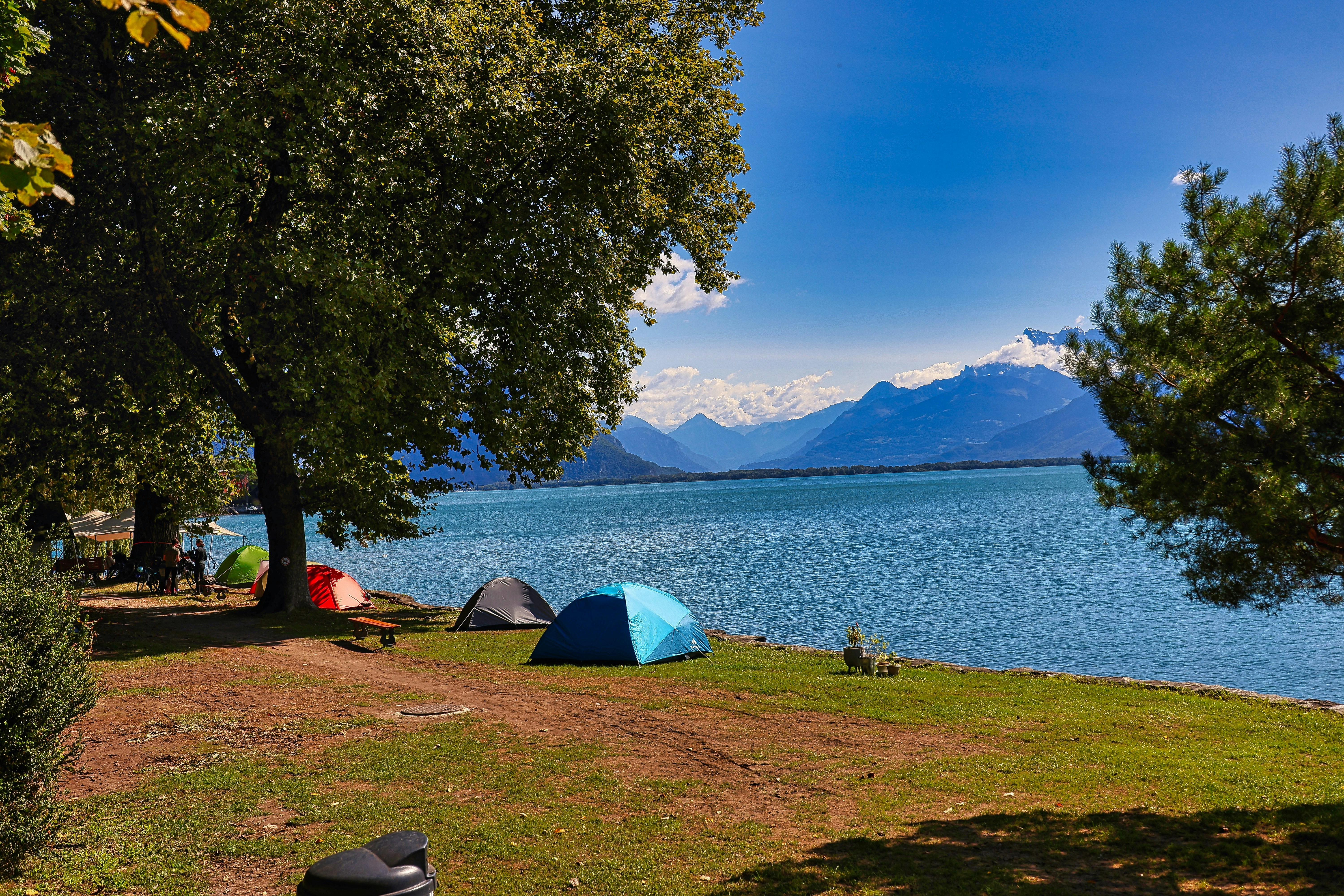 A group of tents sitting next to a body of water