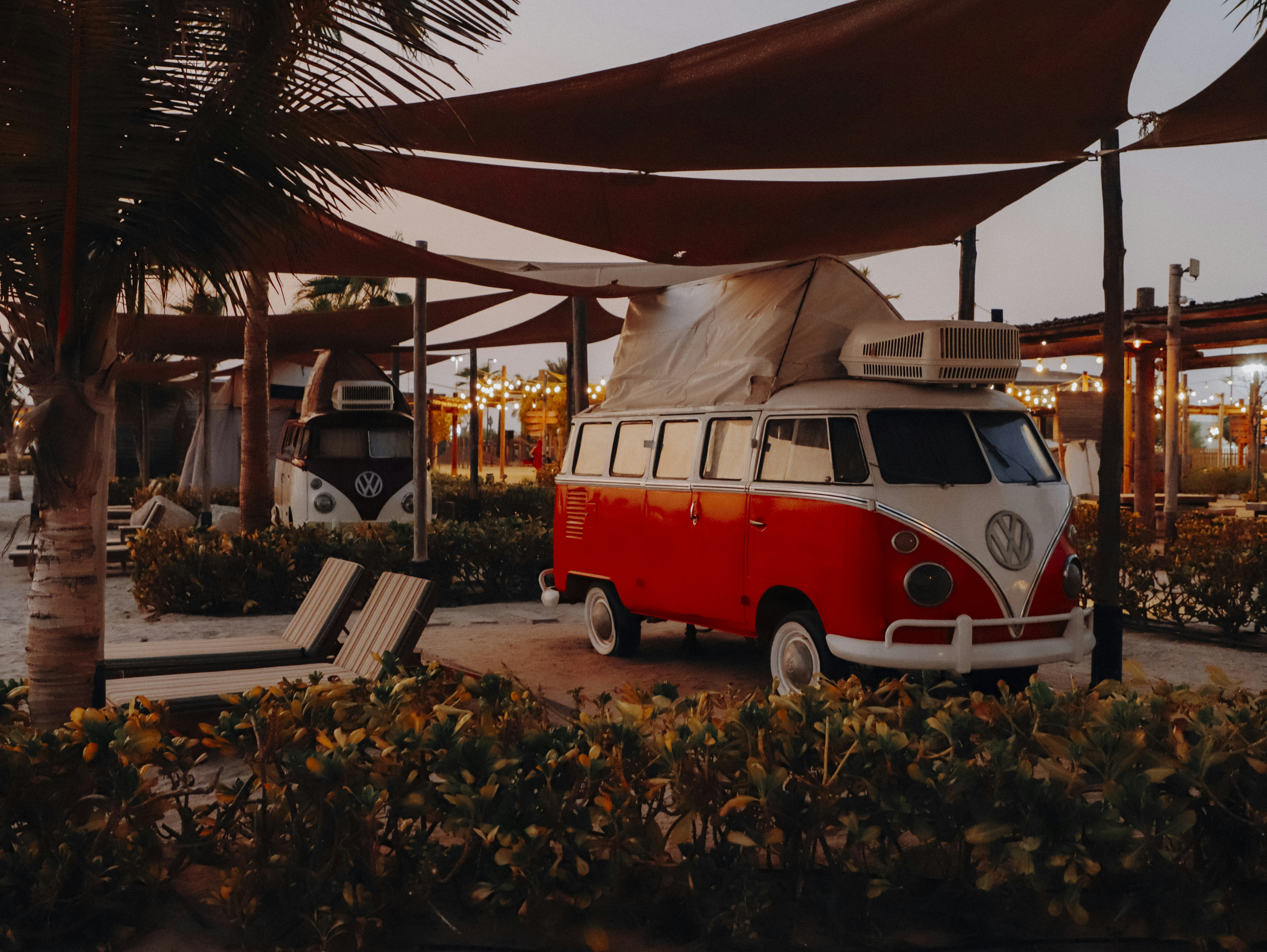 Sunset-Glow VW Camper Under Palm Canopies at a Coastal Resort