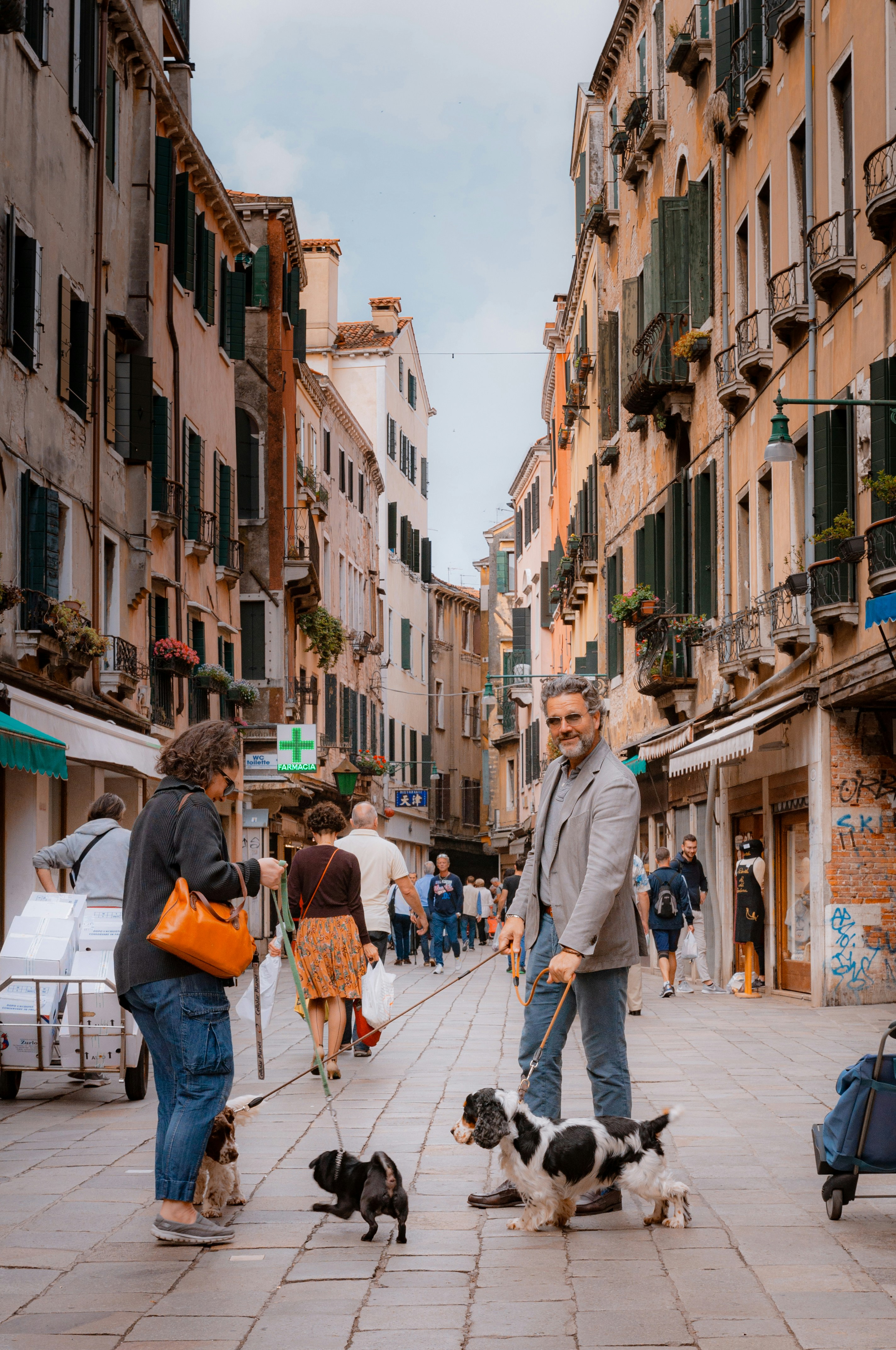 A man walking two dogs on a city street
