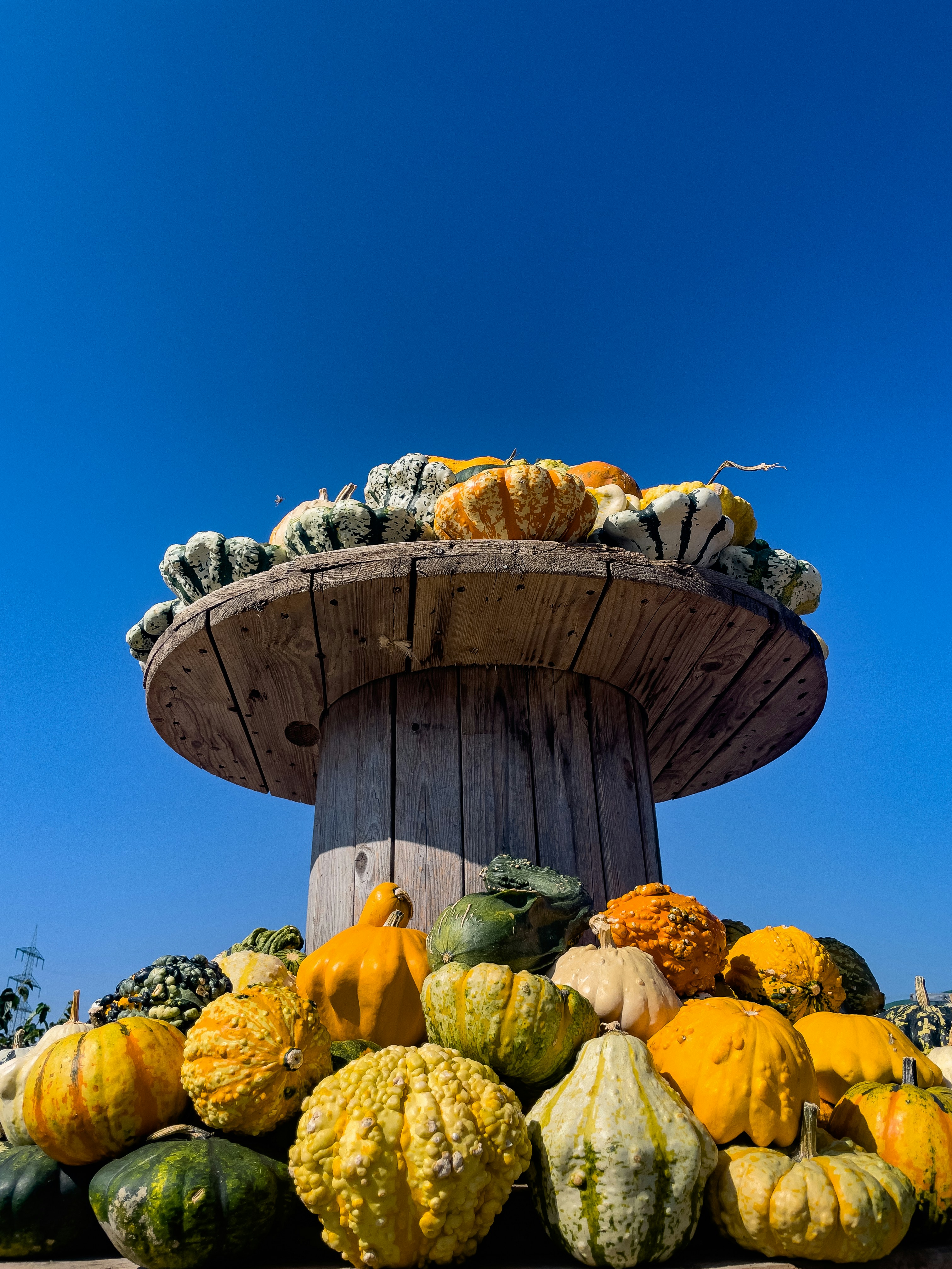 Tower of Harvest: A Circular Pedestal Crowns a Pumpkin Parade Under a Clear Blue Sky