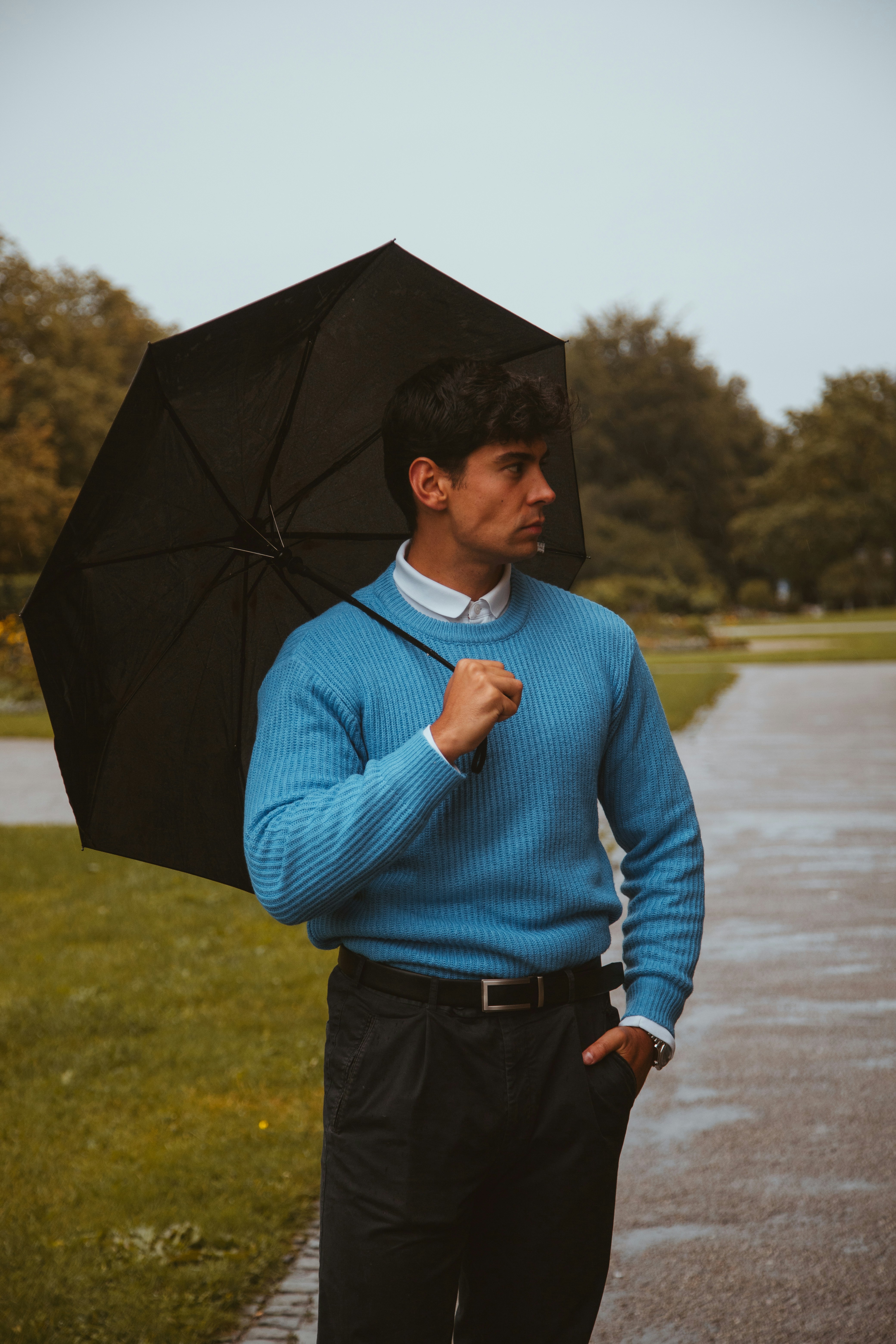 Azure Knit andUmbrella: A Parkside Portrait in Soft Autumn Light