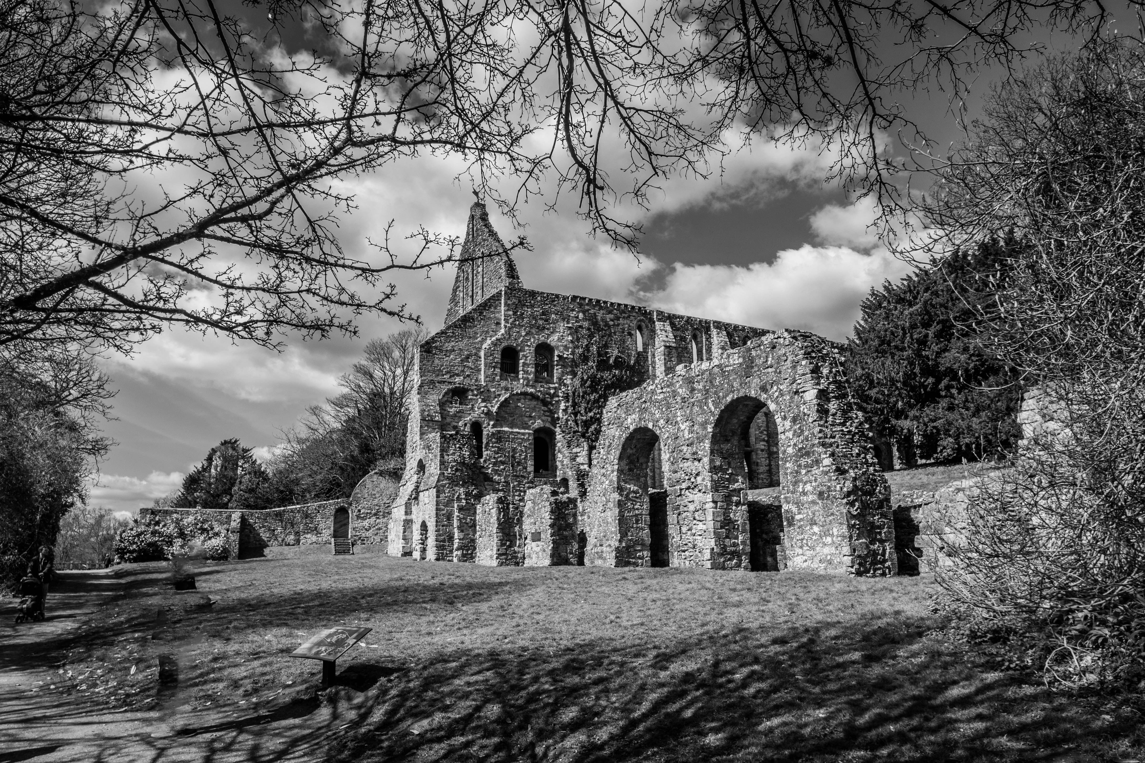 Black and white photograph of ancient stone ruins under a partly cloudy sky, framed by bare tree branches.