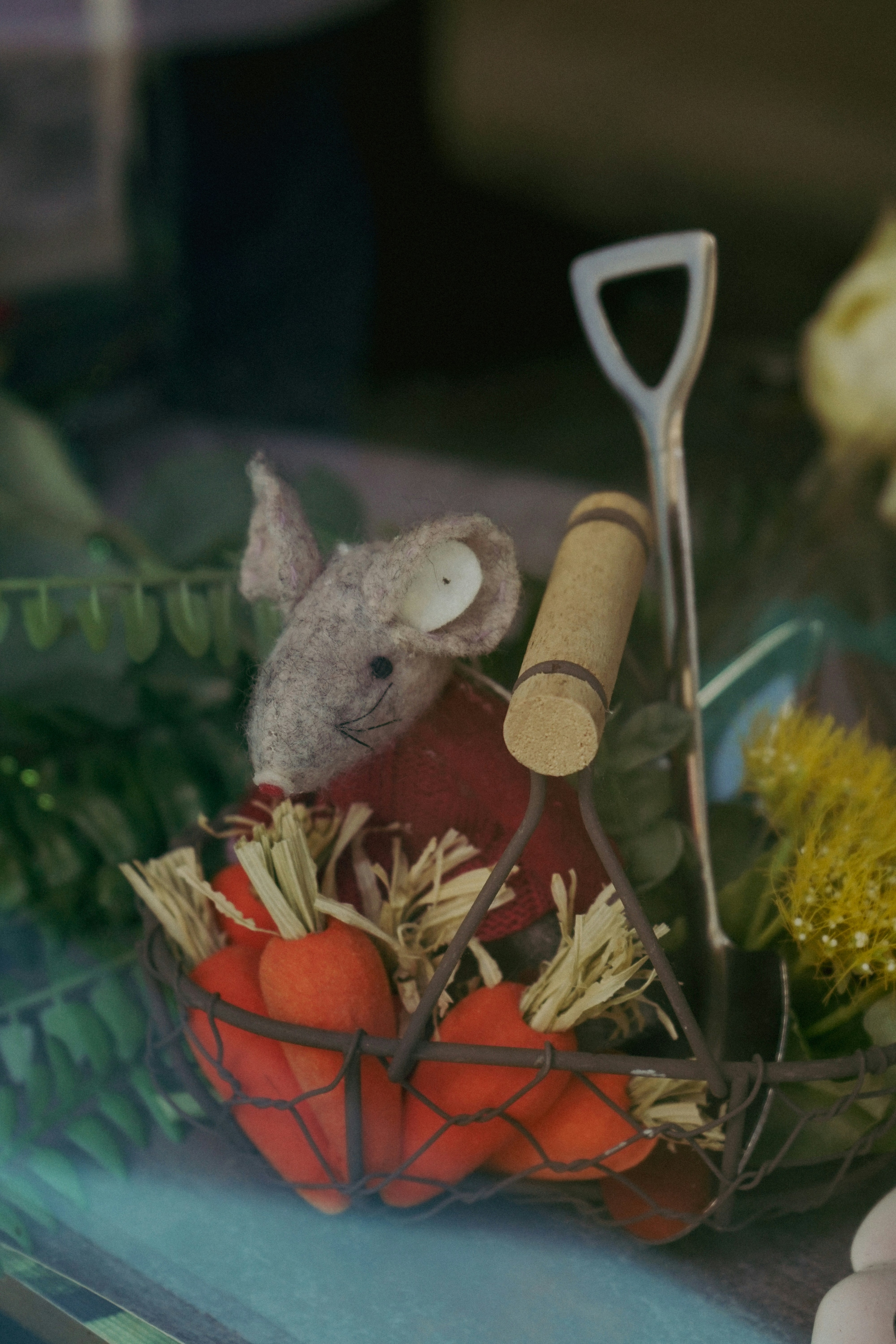 Whimsical Mouse Guarding a Wire Basket of Dried Harvest