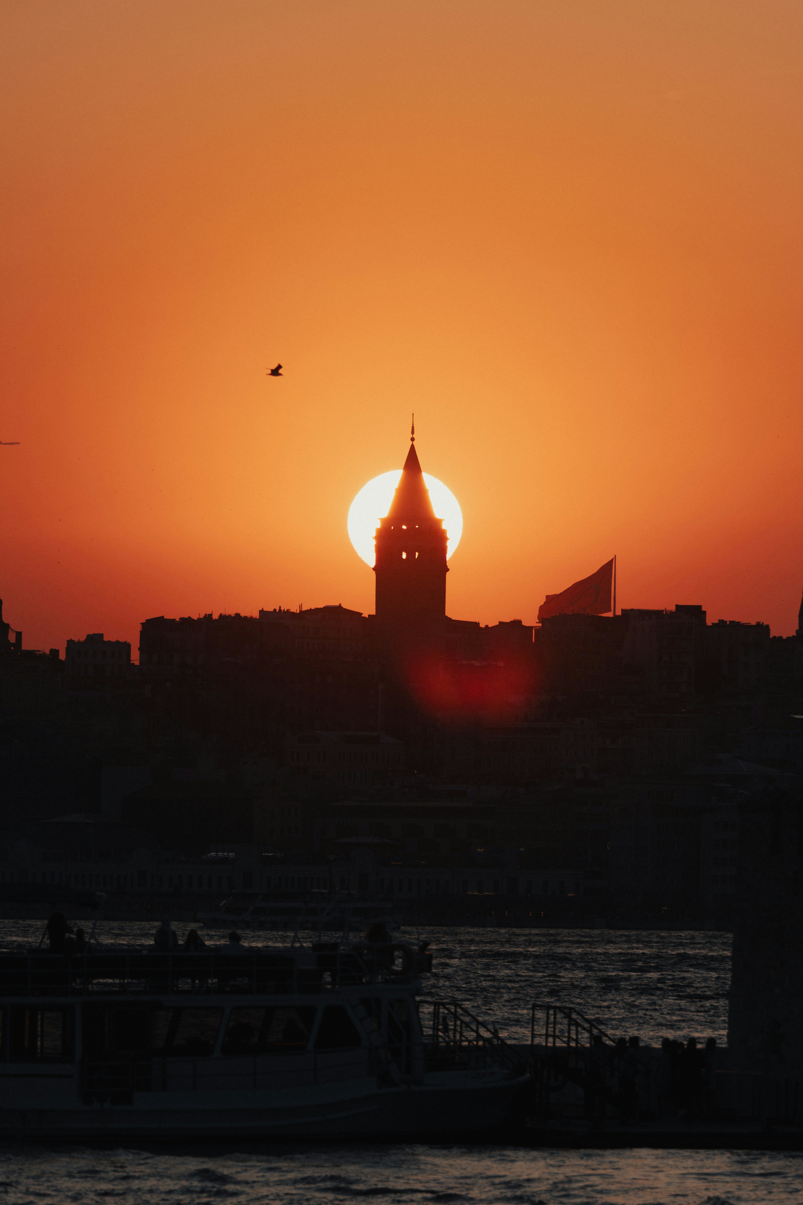 Sunset Over the City: silhouette of a clock tower against a molten sky