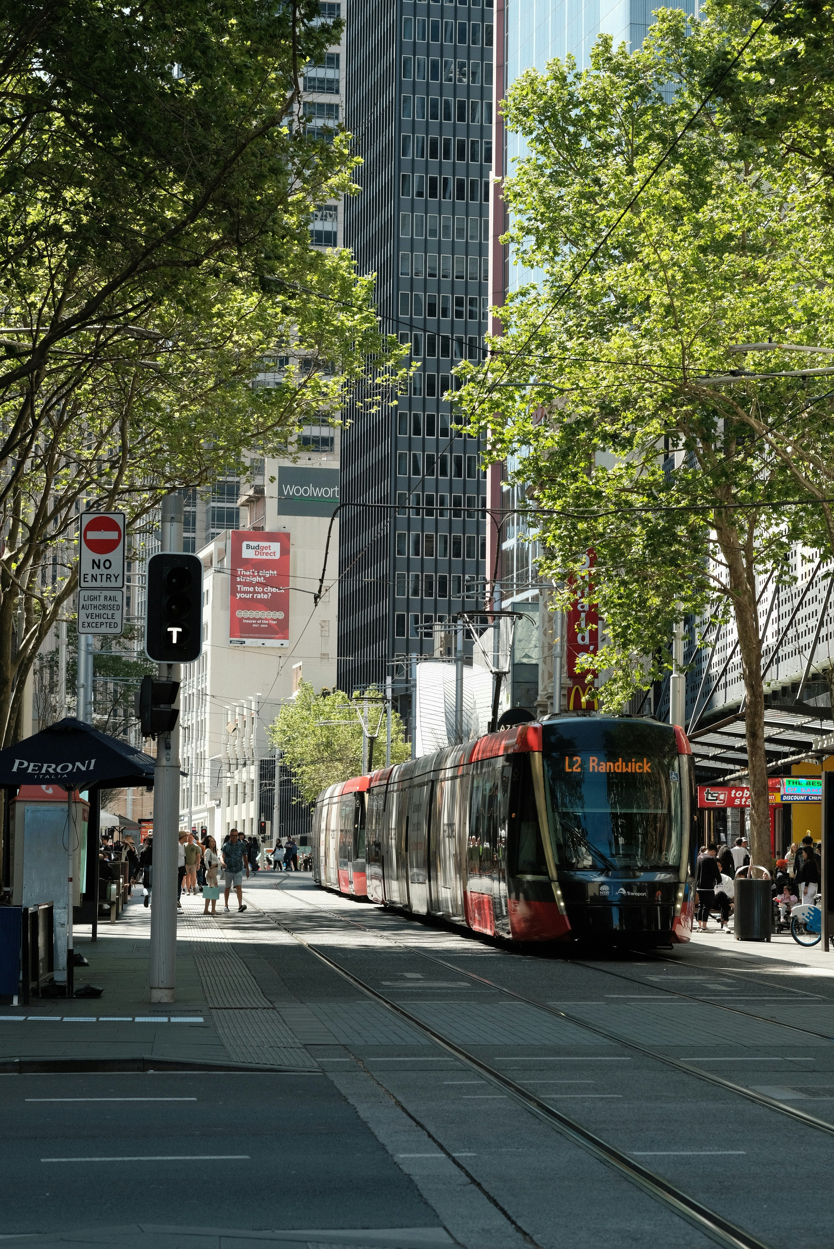 Tram gliding through a bustling city street lined with trees and modern buildings, showcasing urban life and public transport dynamics.