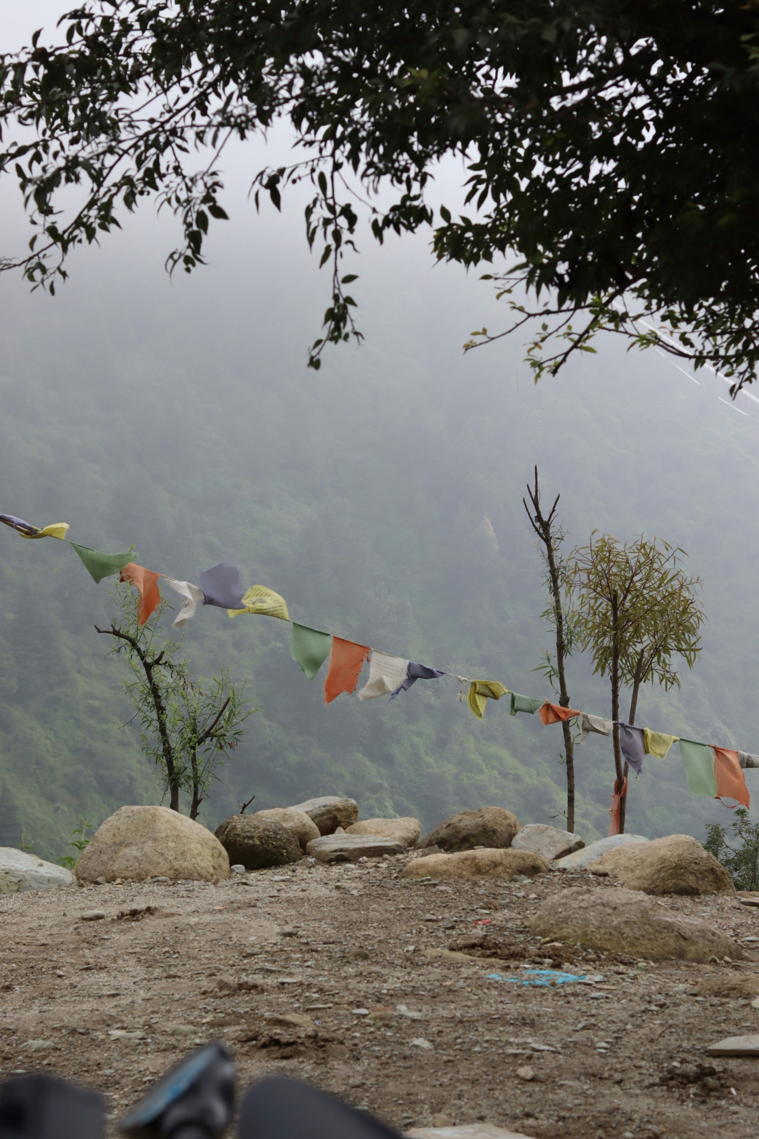 Prayer Flags Adrift in Morning Mist Over a Rock-Strewn Rim