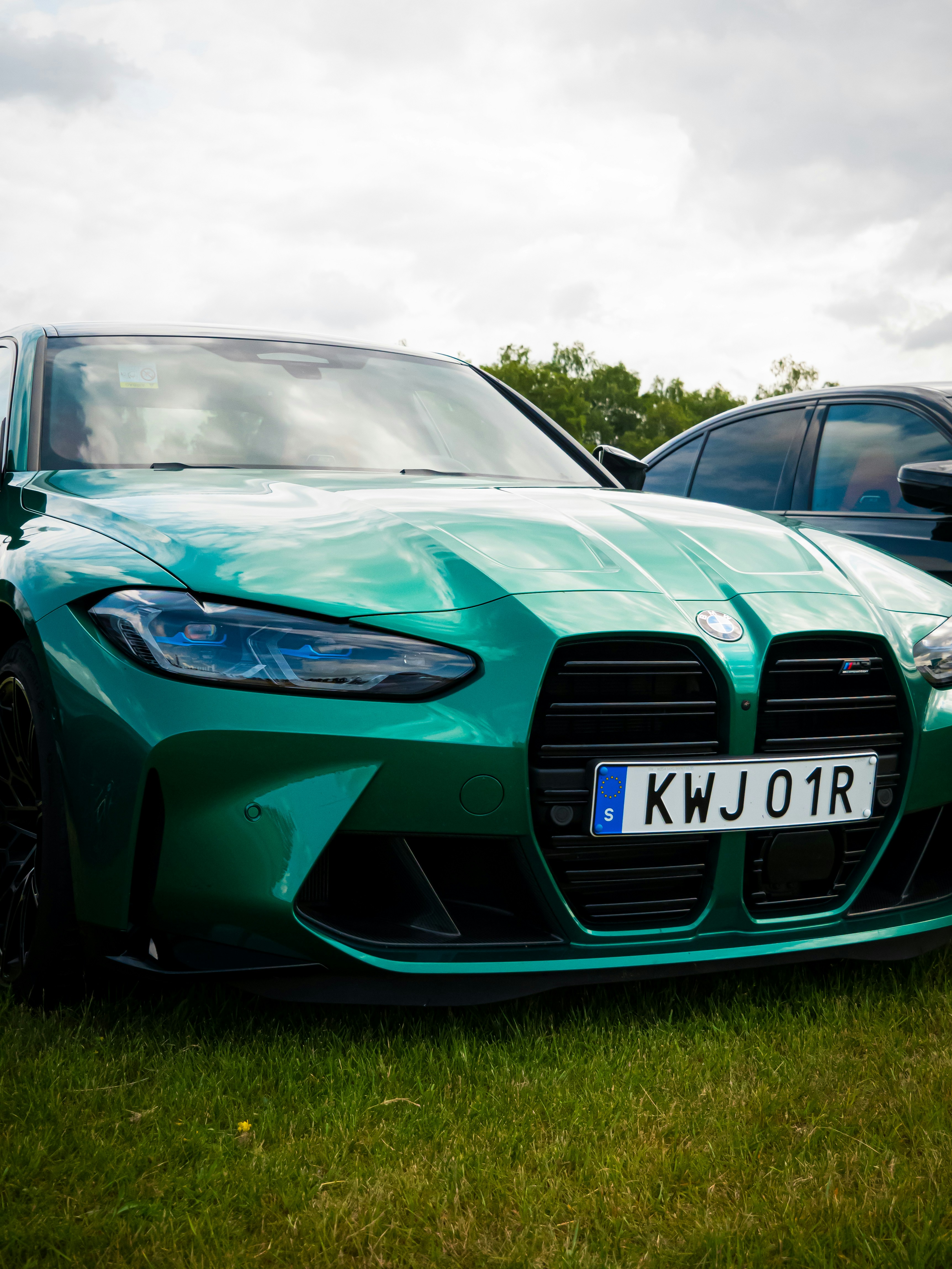 Emerald Front End: A Mint-Green BMW Guards the Grass at a Car Show