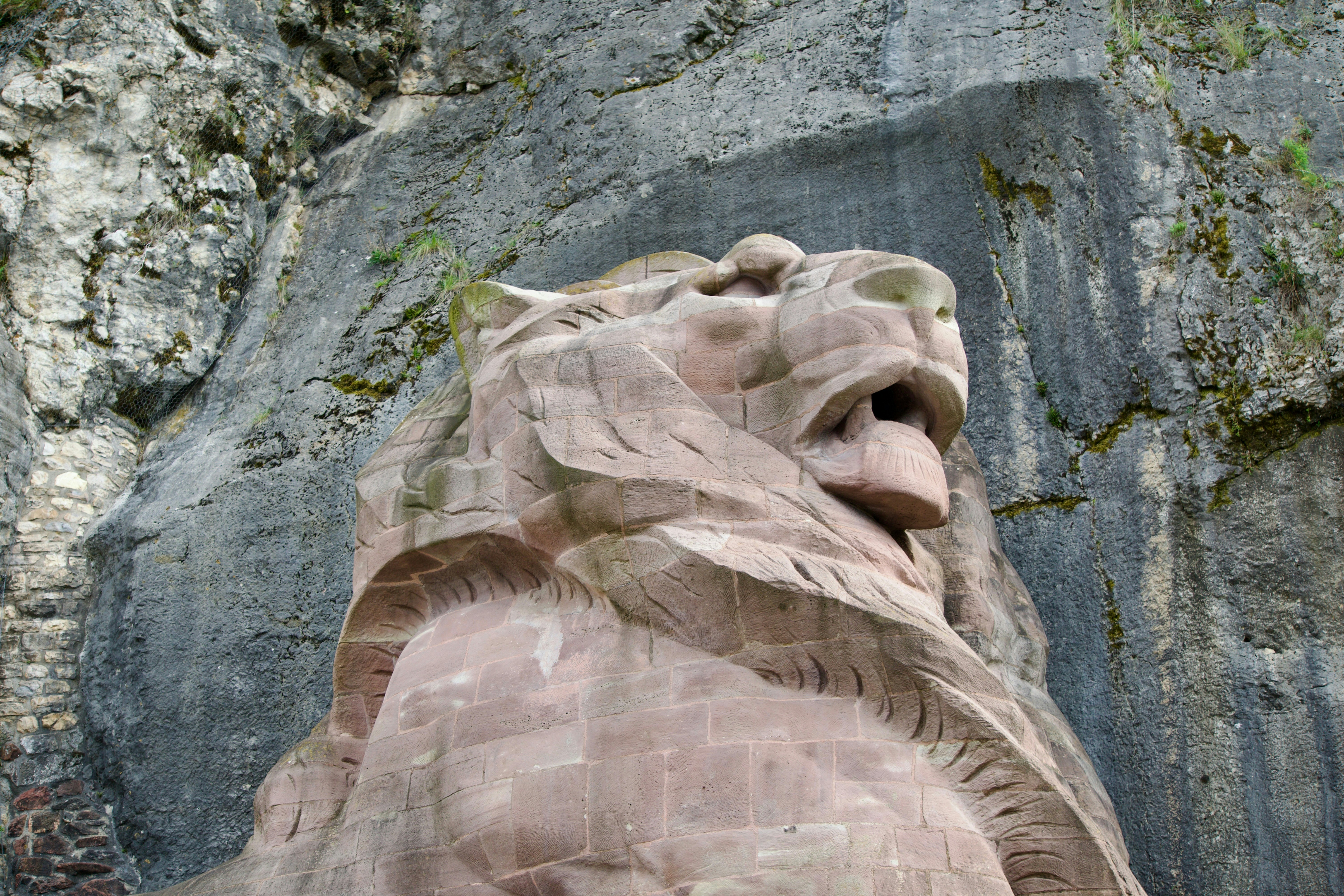 Lion statue carved from stone stands majestically before a textured rock face.