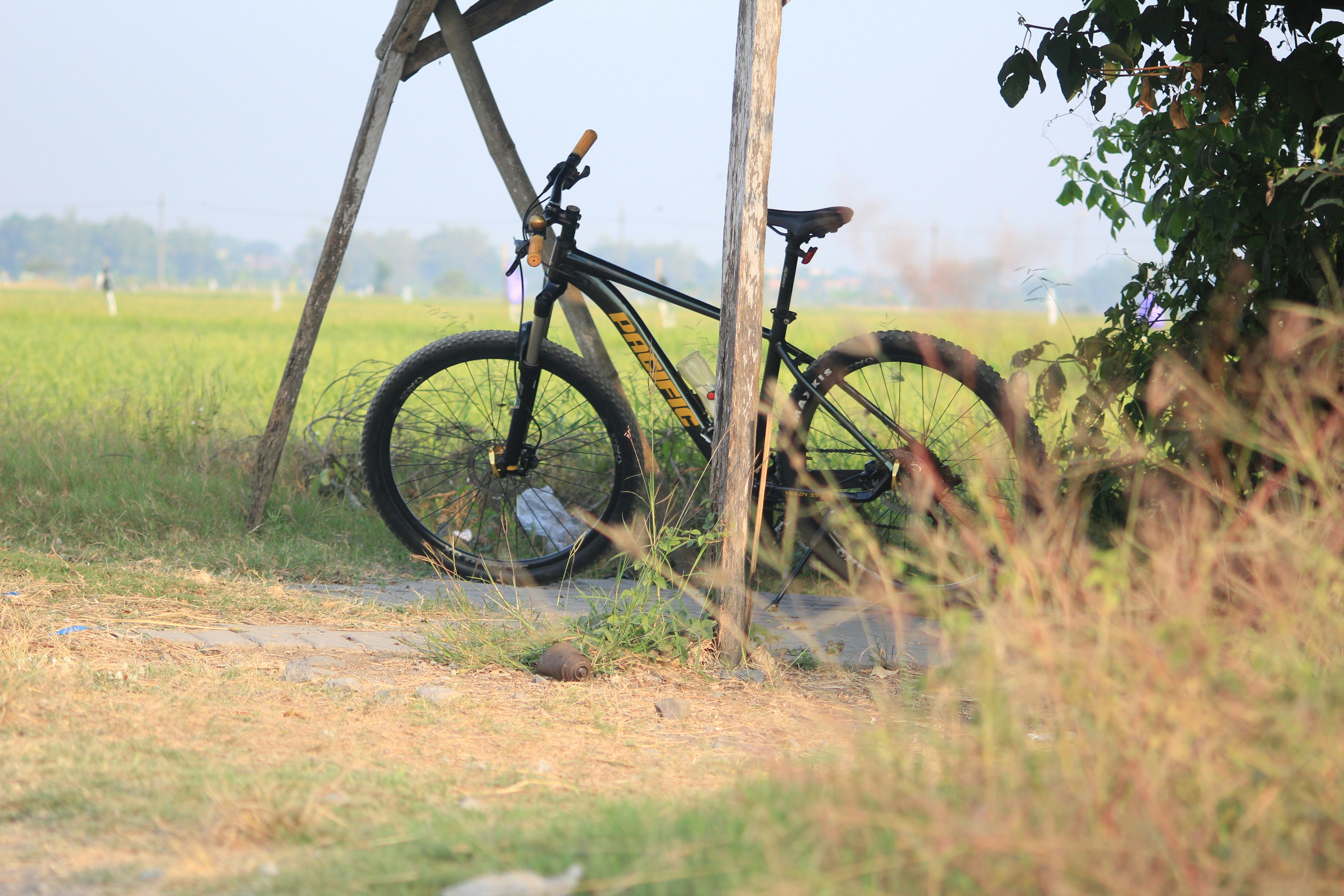 Leaned by a Weathered Post: A Mountain Bike Resting in a Quiet Field