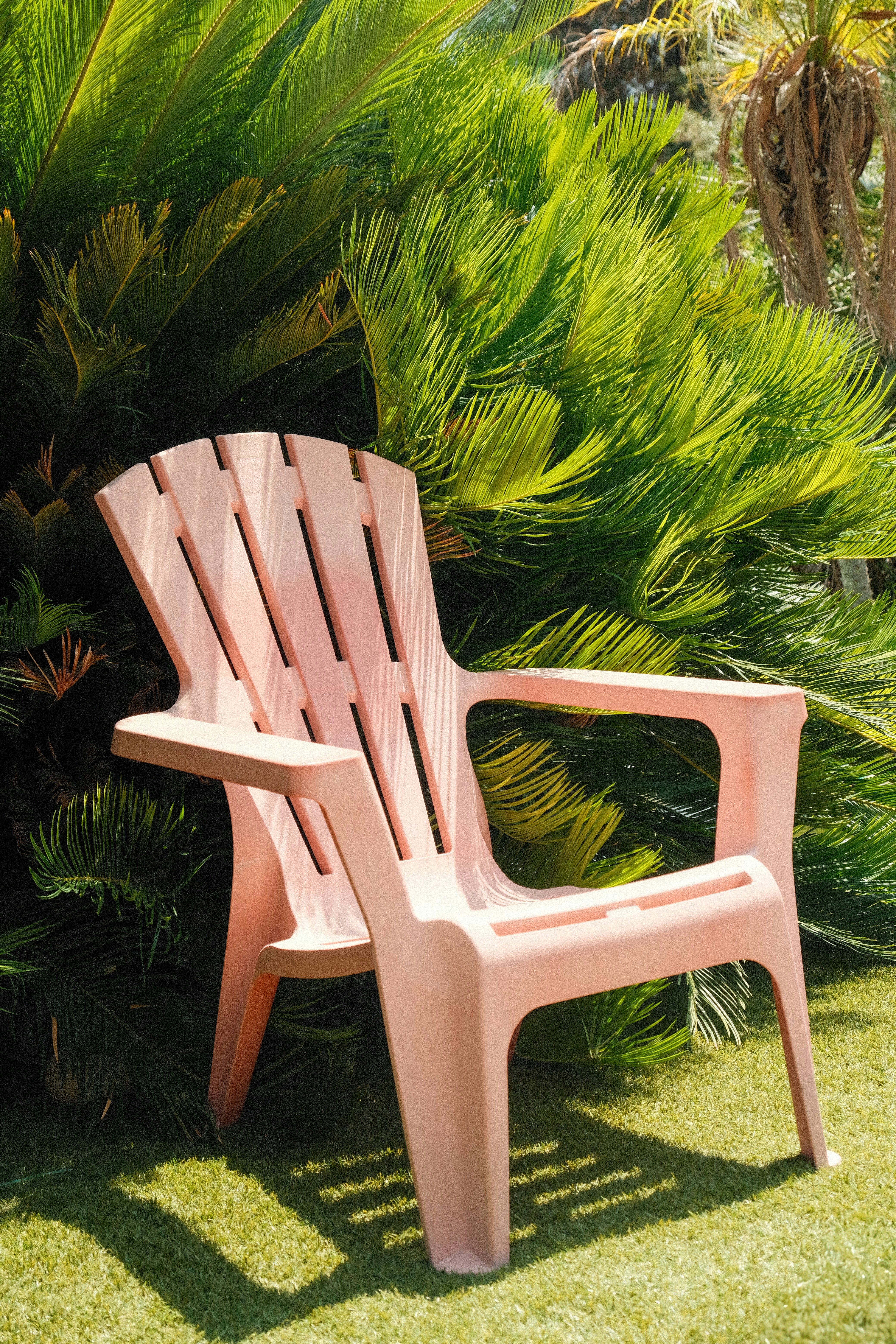 Sunlit Pink Chair Amid Tropical Foliage
