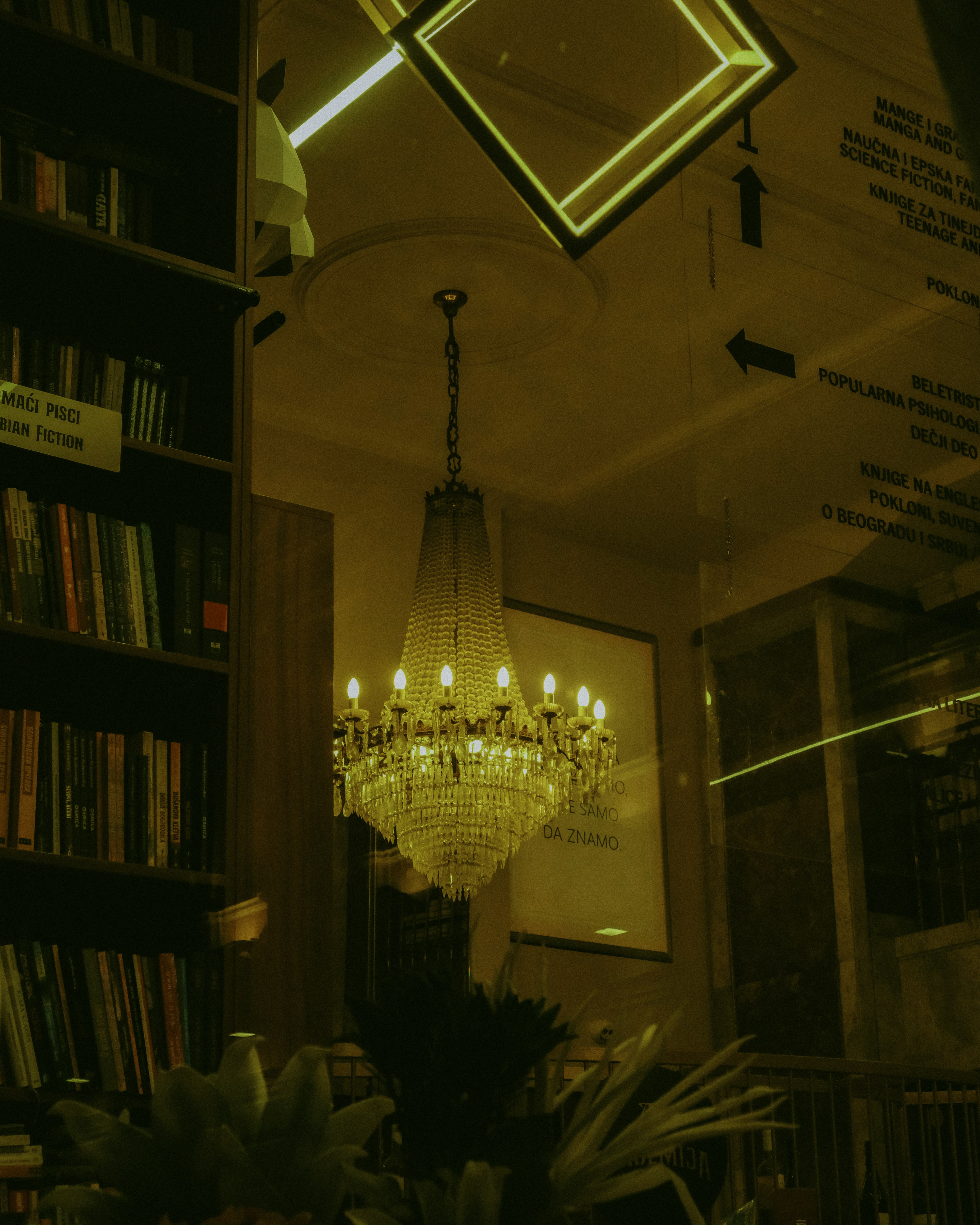 Amber Chandeliers Hover Above a Quiet Library Café