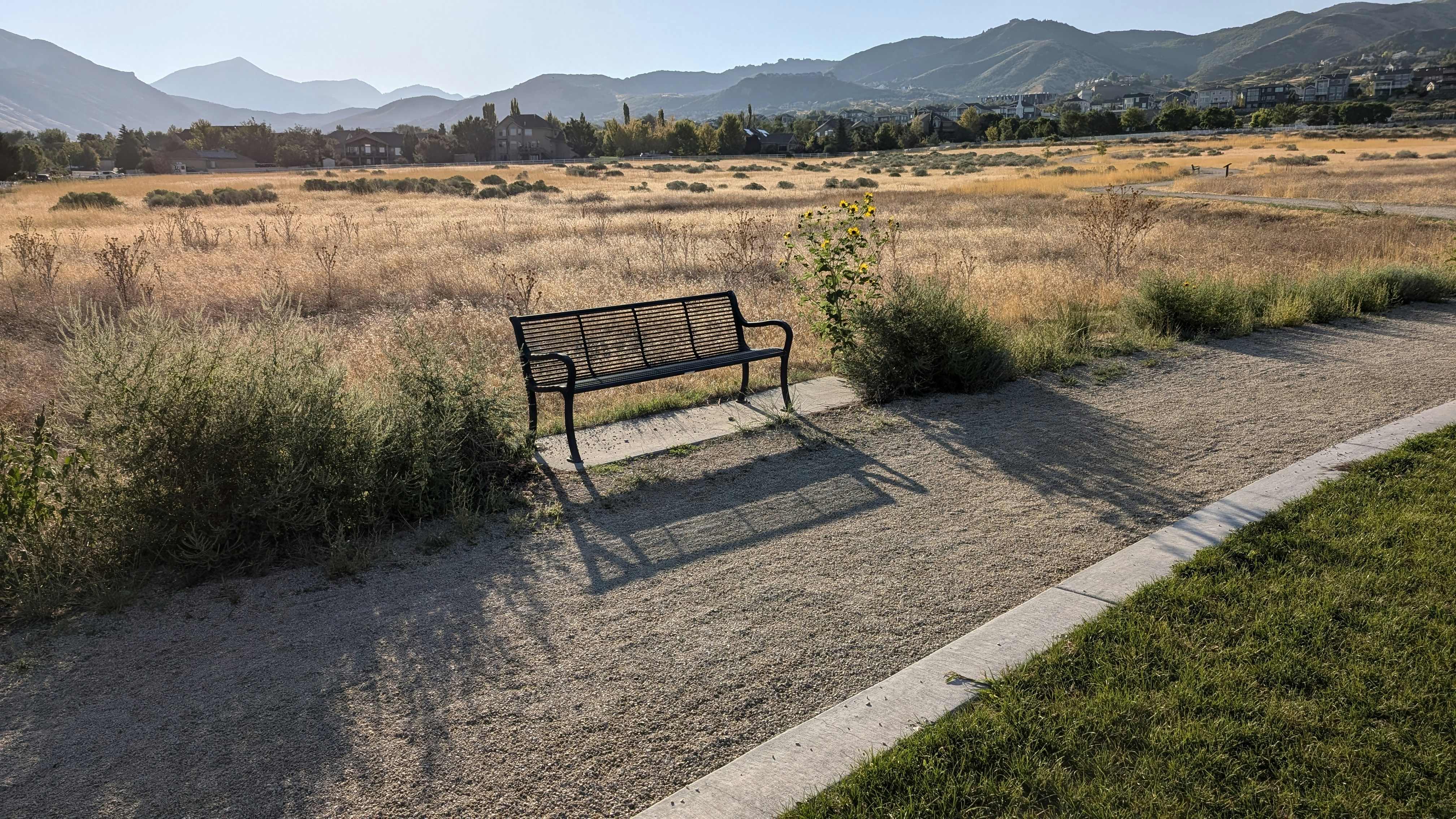 A lone park bench in autumn's desolate landscape. Smoke-filled skies from a distant forest fire led to an interesting effect.