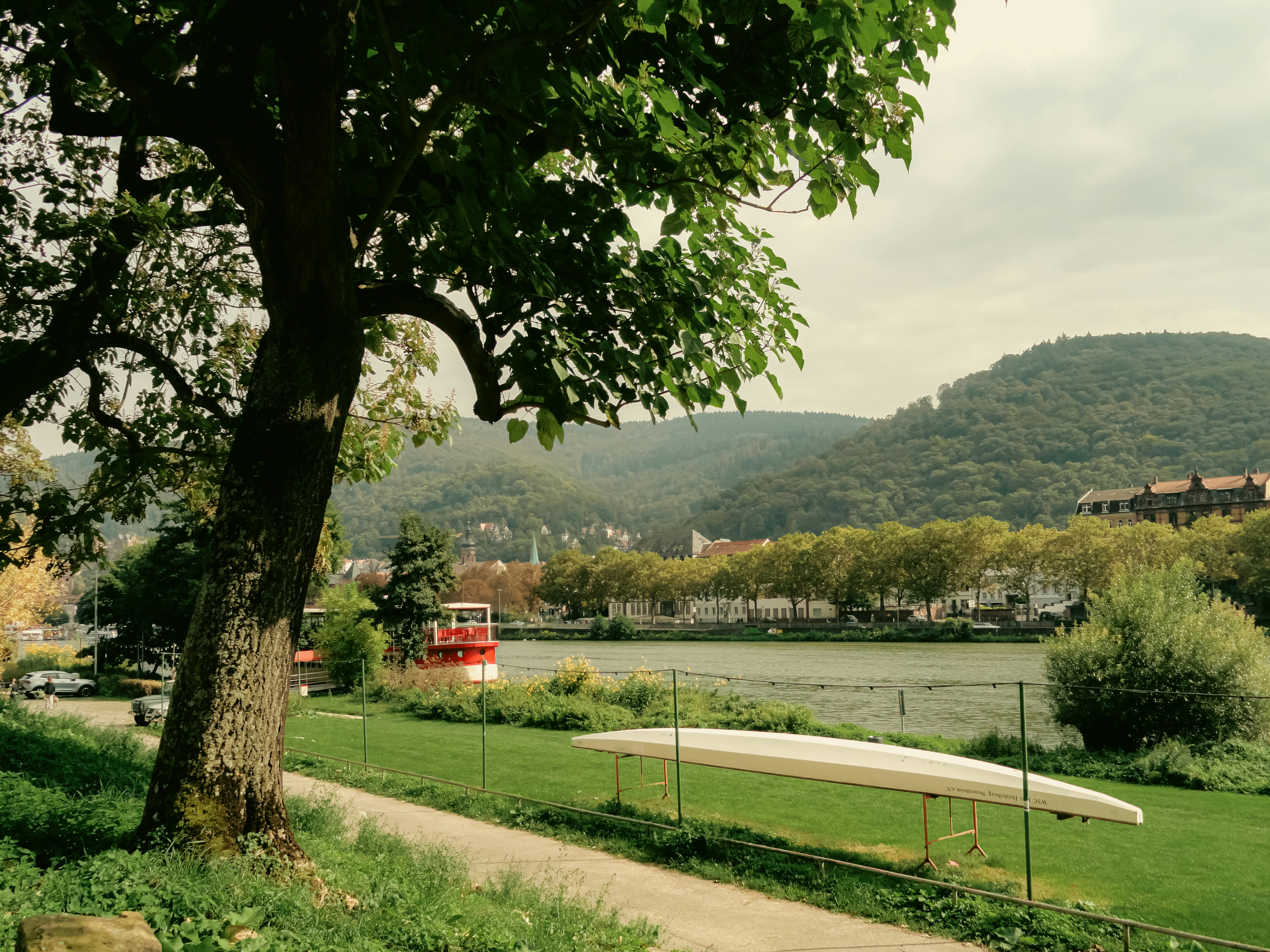 A riverside park scene with a long white canoe resting on green grass, a tree-lined bank, and distant hills.