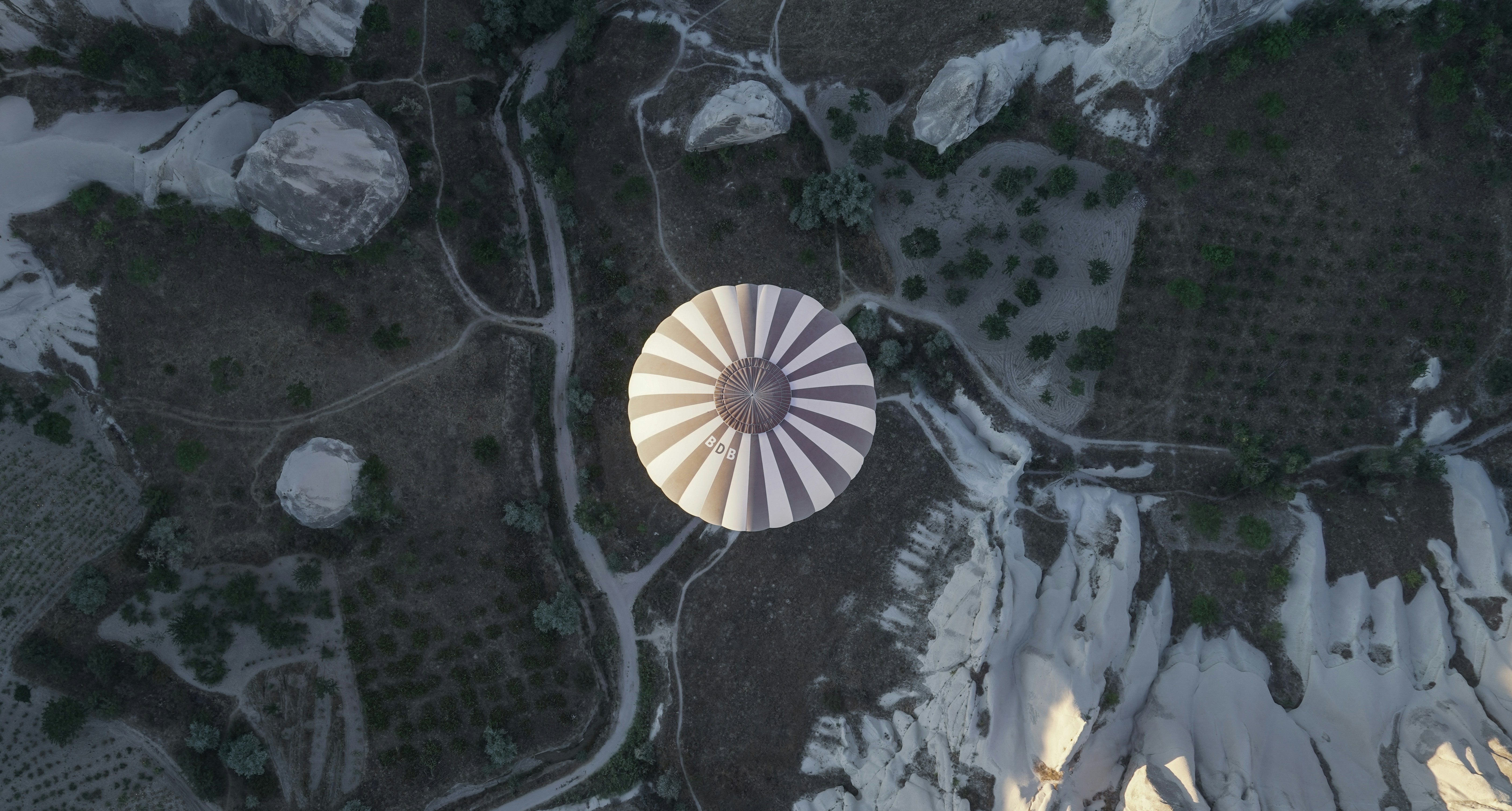 A hot air ballon from above Cappadocia sunrise