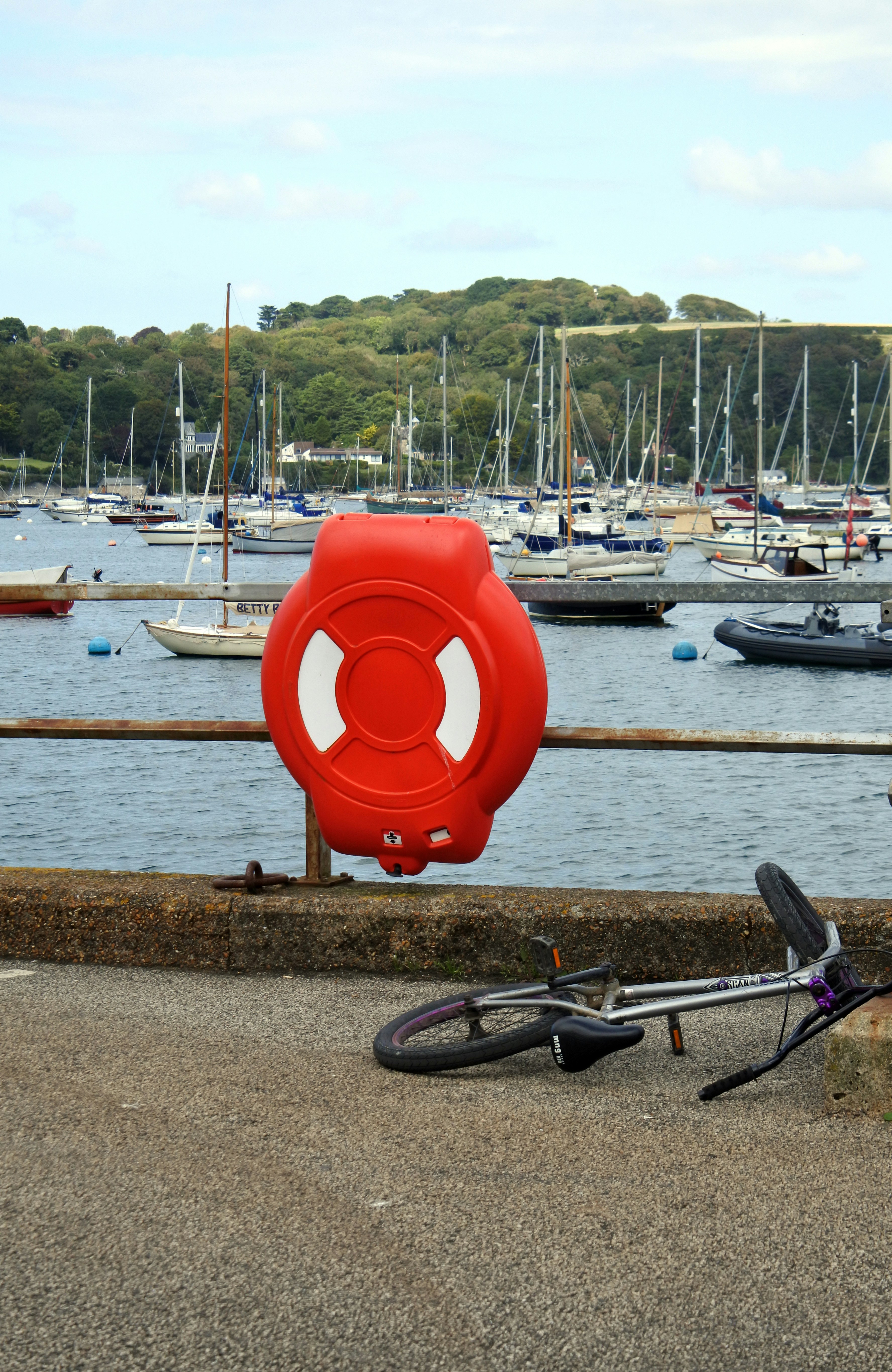 Red lifesaver post and bicycle on harbor edge
