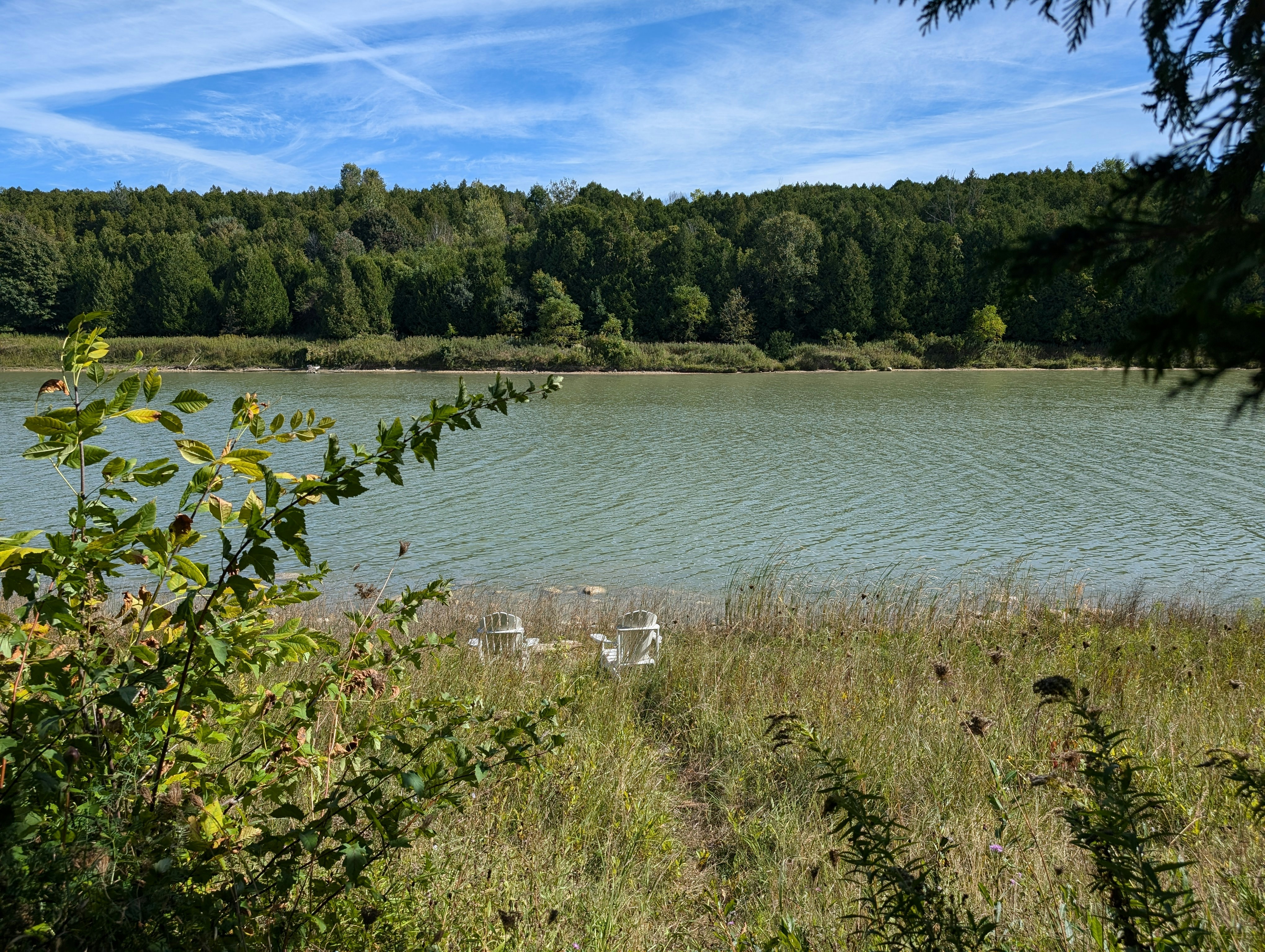 Quiet Chairs by the Lake: A Sunlit Clearing Framed by Forest