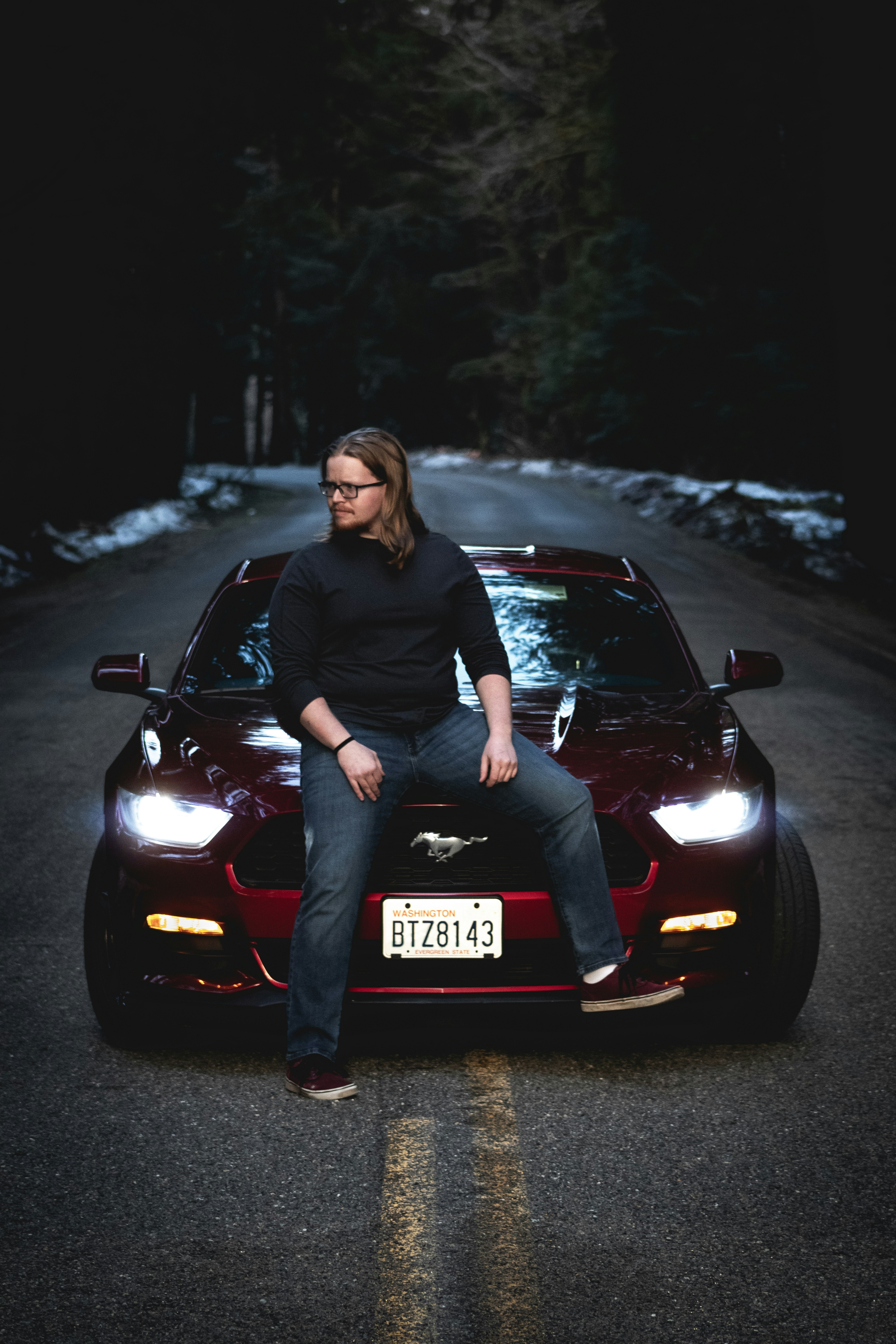 Dusk on the Forest Road: Portrait on a Crimson Mustang
