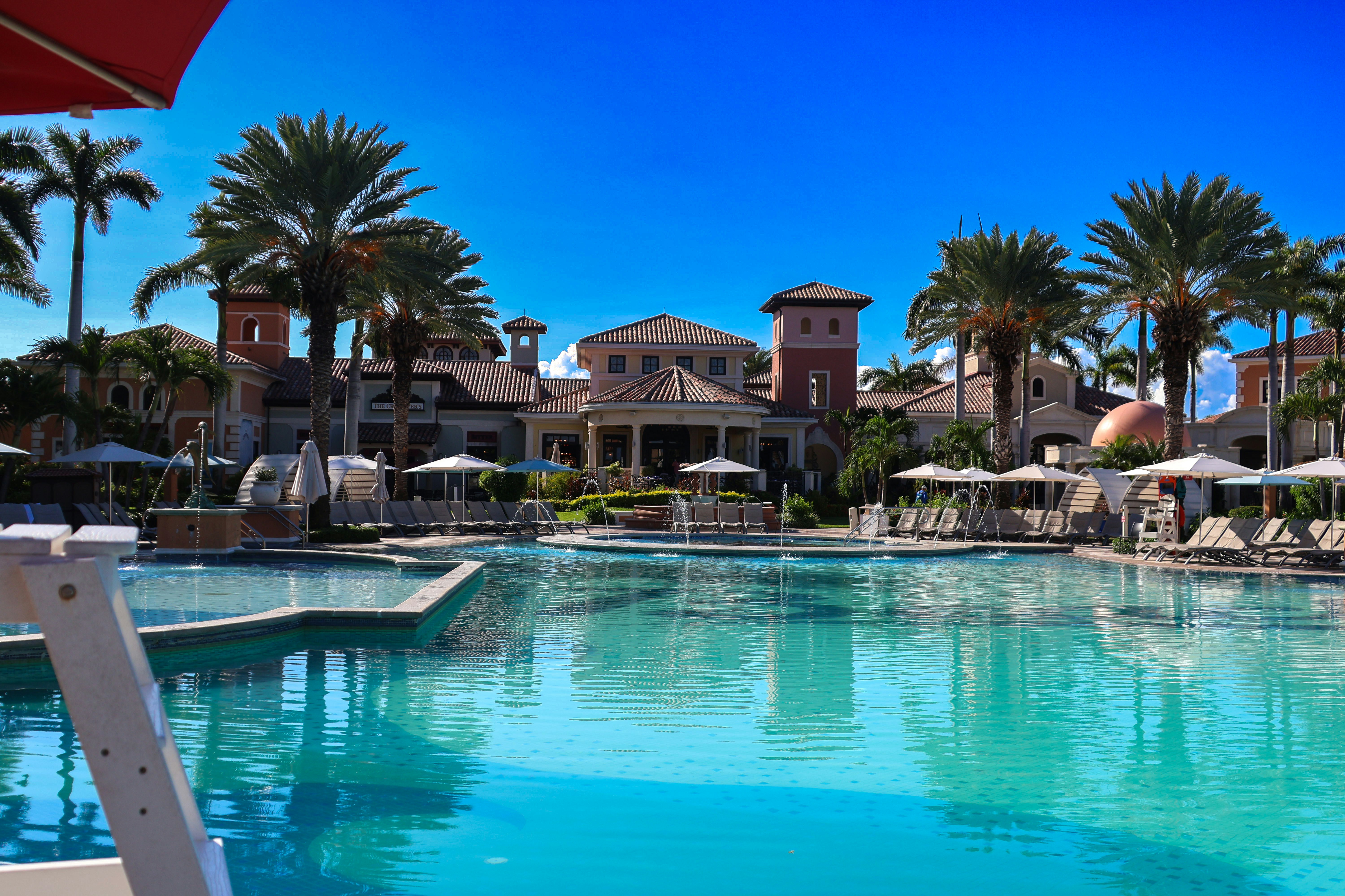 A large swimming pool surrounded by palm trees photo – Free Beaches ...