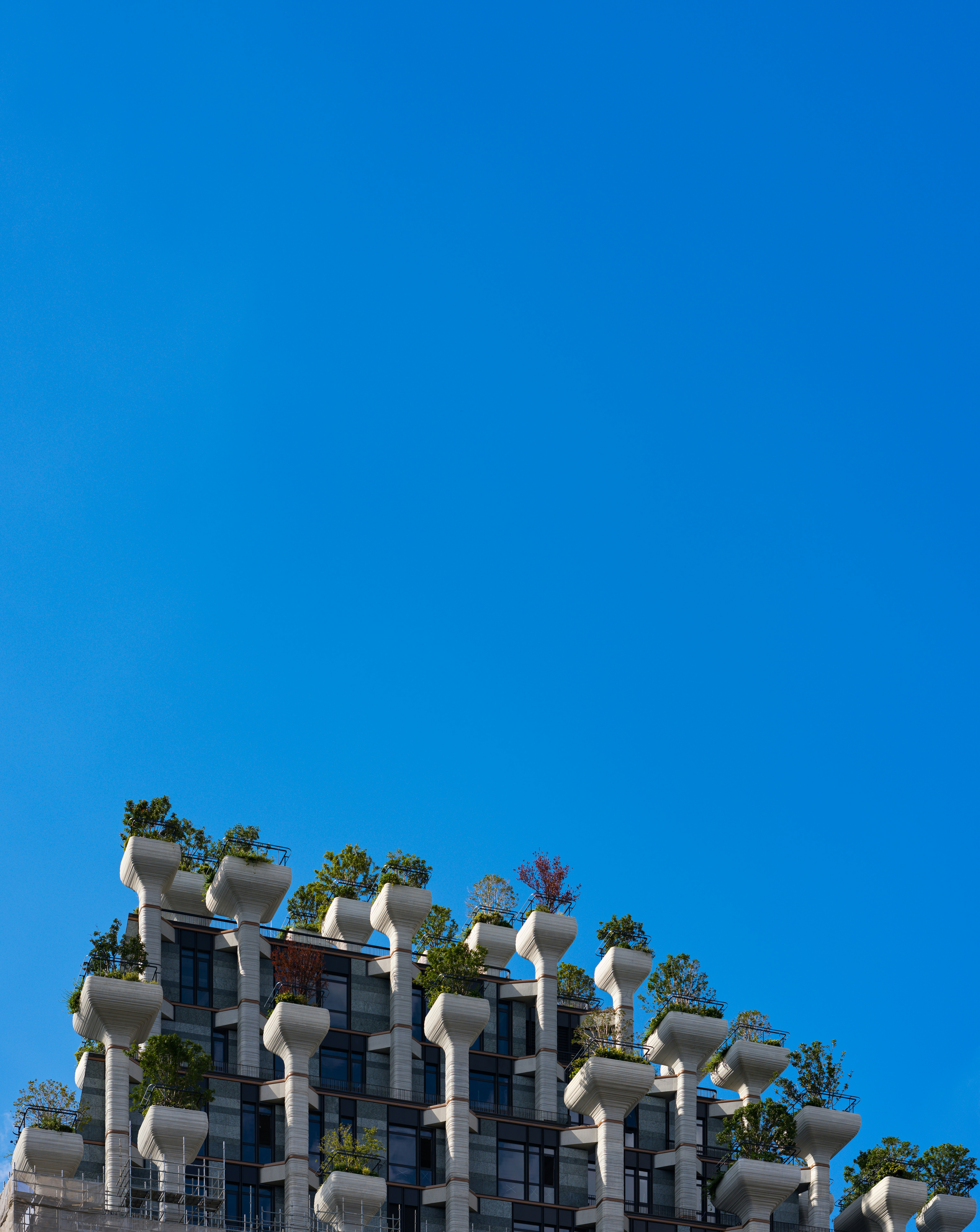 Verdant Terraces Crown a Modern Facade Beneath a Cerulean Sky