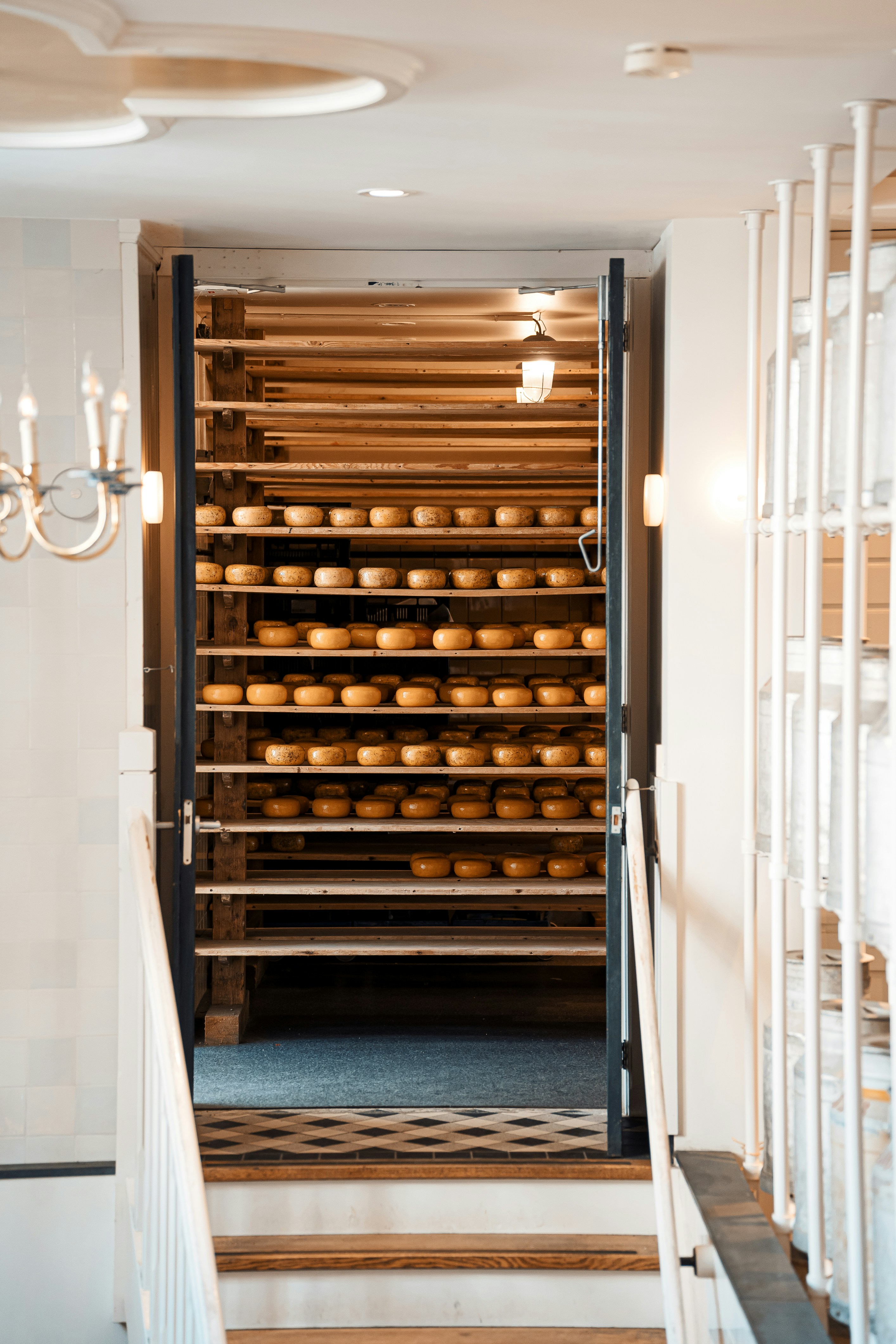 Open-Doors Cheese Vault: Rows of Wheeled Rounds in a Warm Pantry