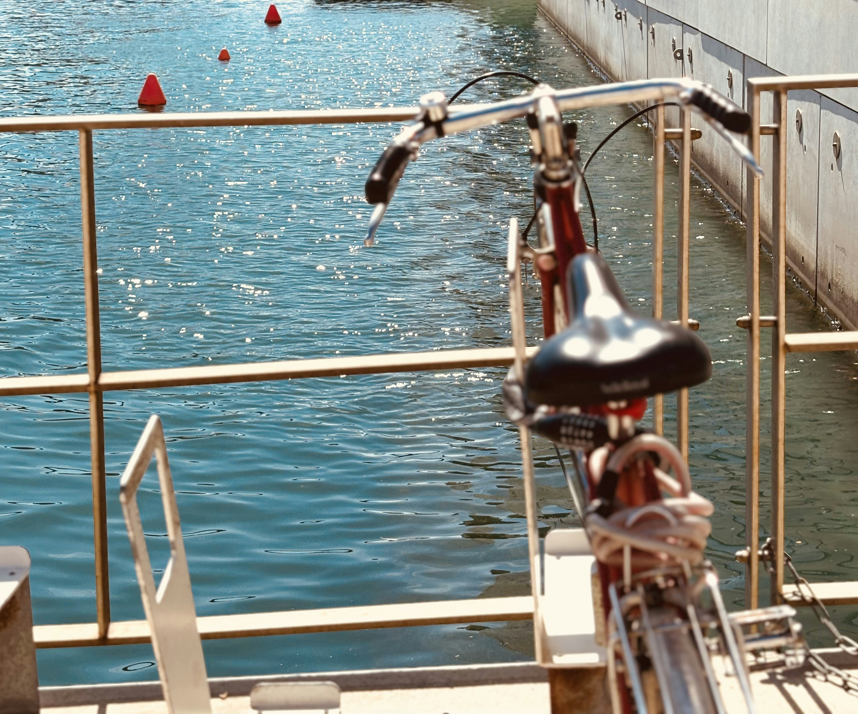 Dockside Blur: A Bicycle Framed by Sunlit Harbor Ripples