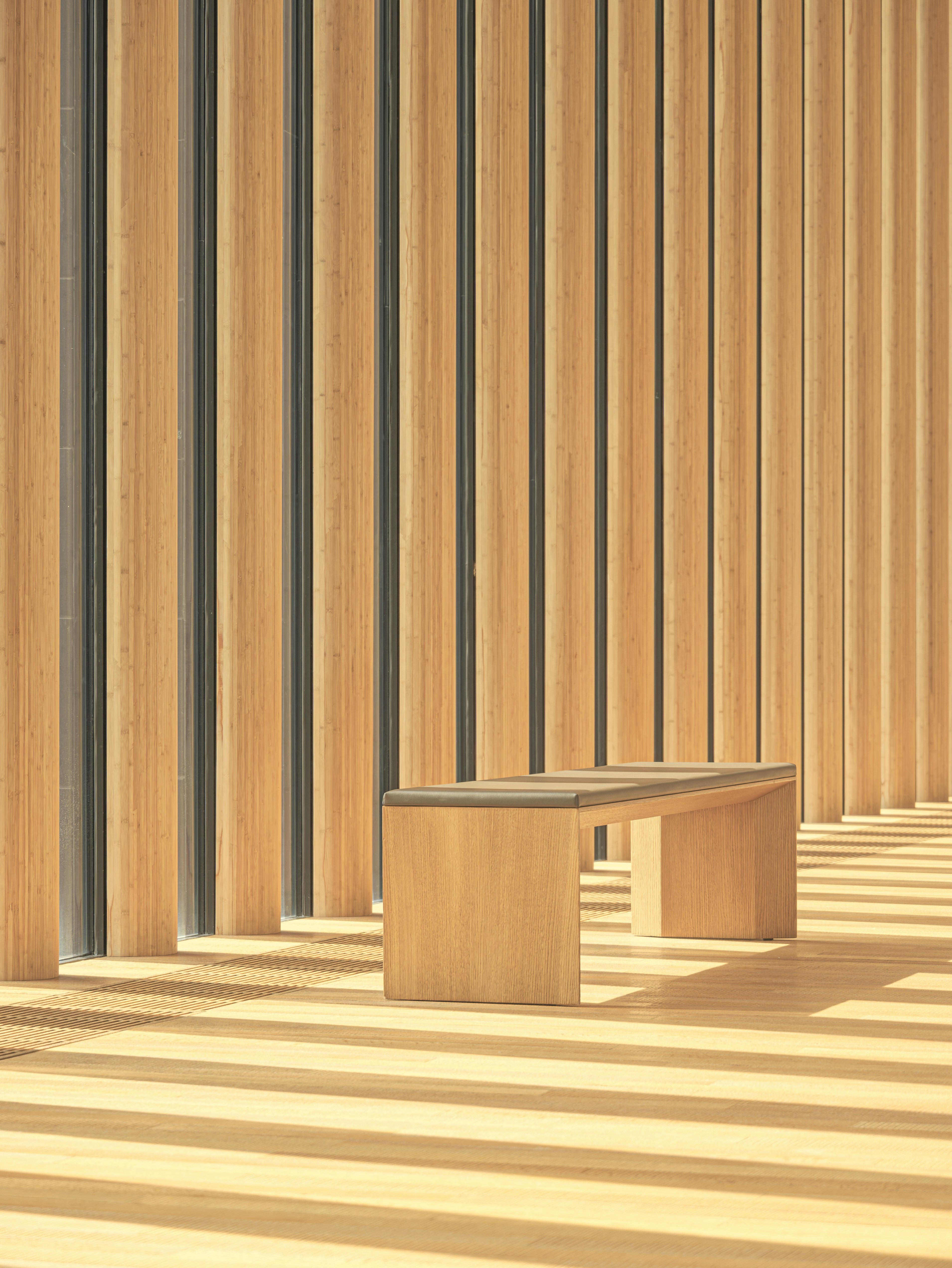 Softly lit wooden corridor with repeating vertical slats and a lone bench; long shadows create a graphic rhythm across the floor.