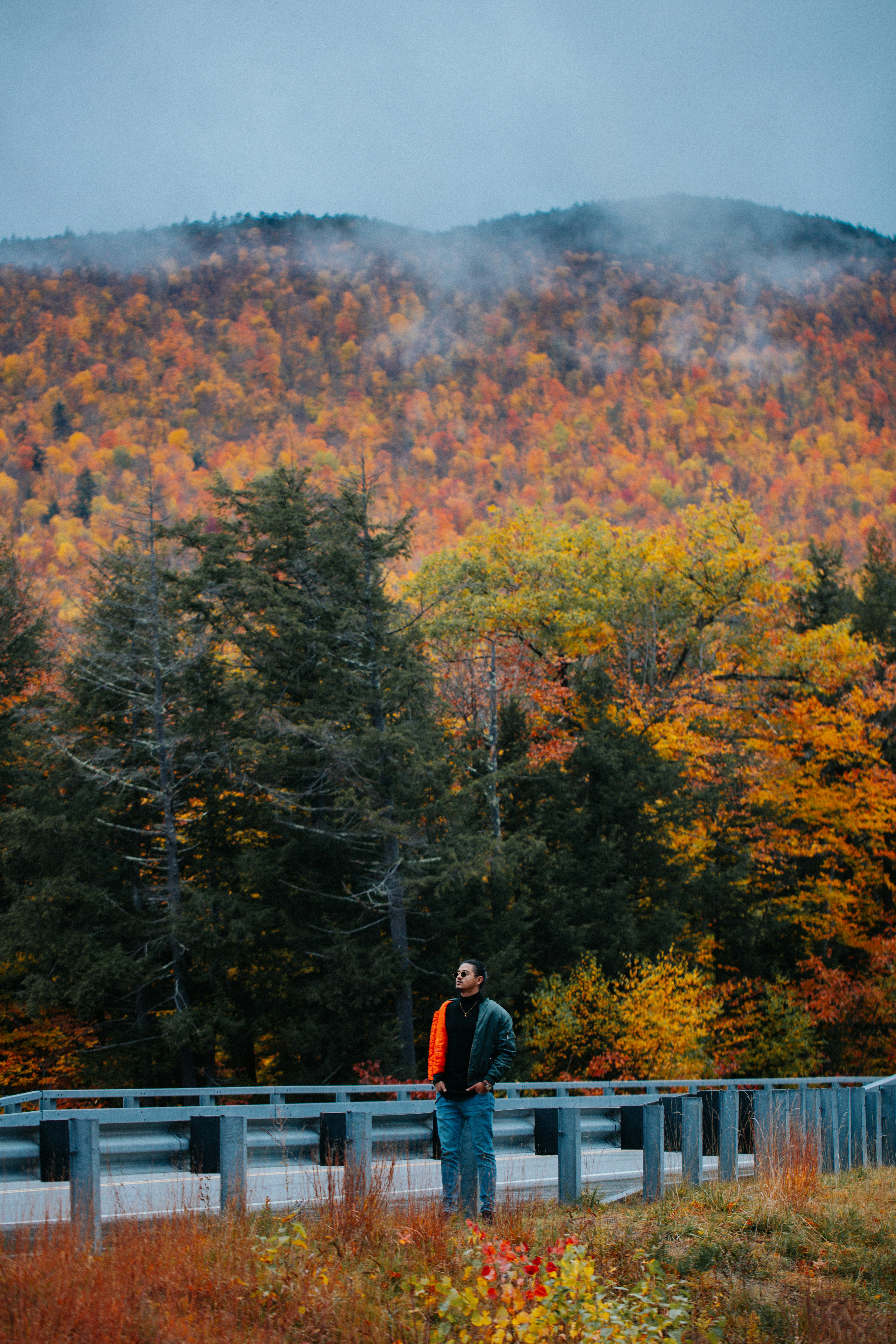 Ember Palette Crossing: A Lone Figure on the Autumn Bridge