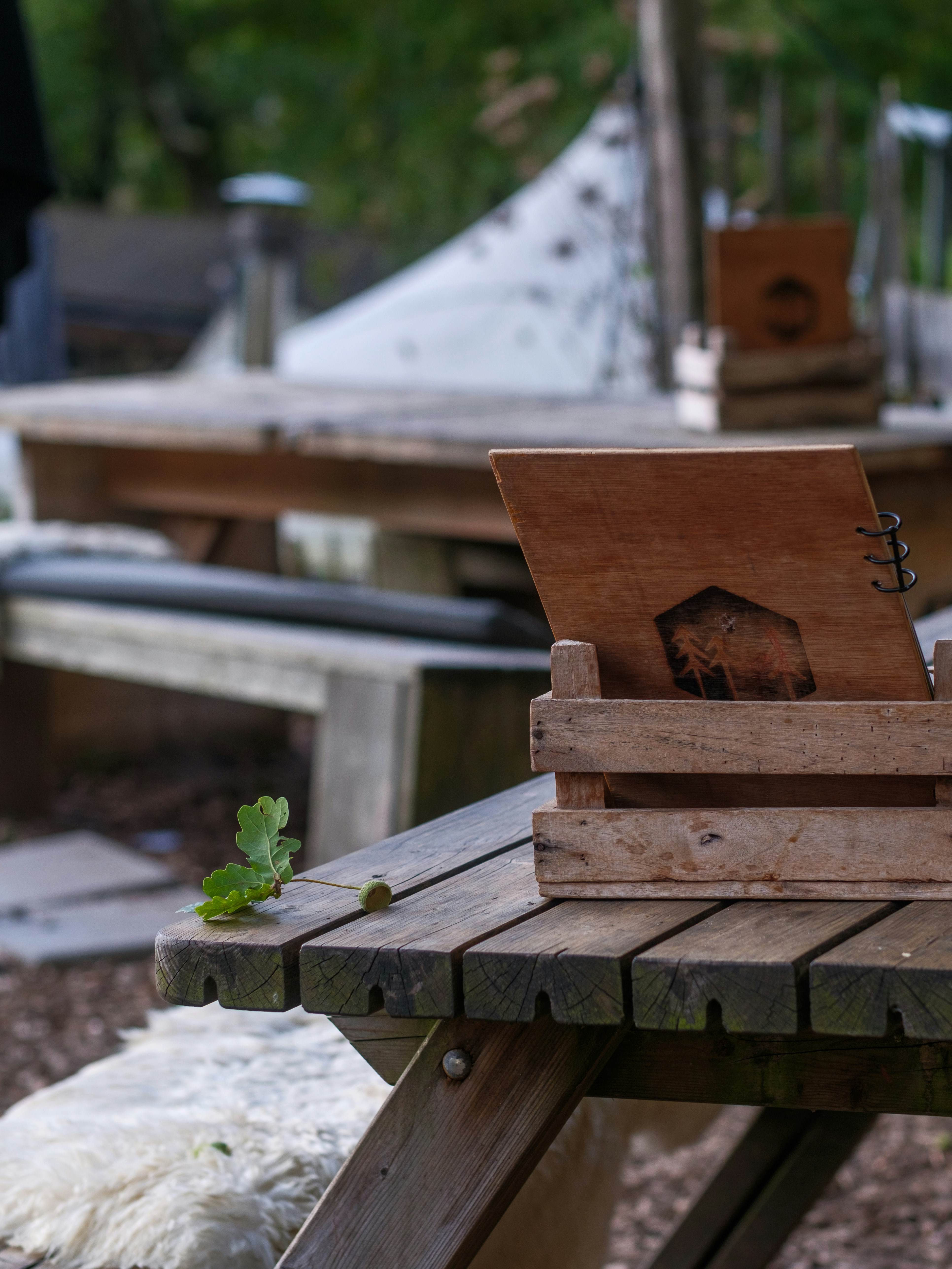 Carved Box on Rustic Picnic Table Amid Outdoor Camp Setting