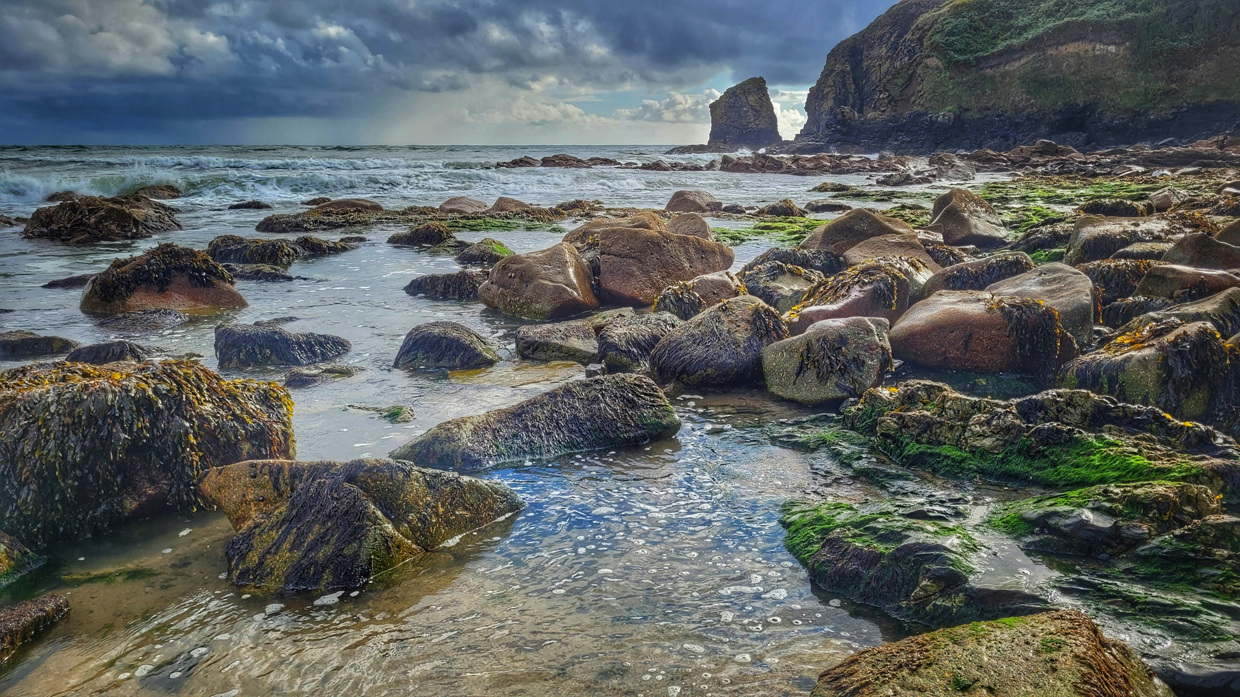 Mossy Rock Corridor at the Tide: A Seascape of Pools and Cloudy Sky