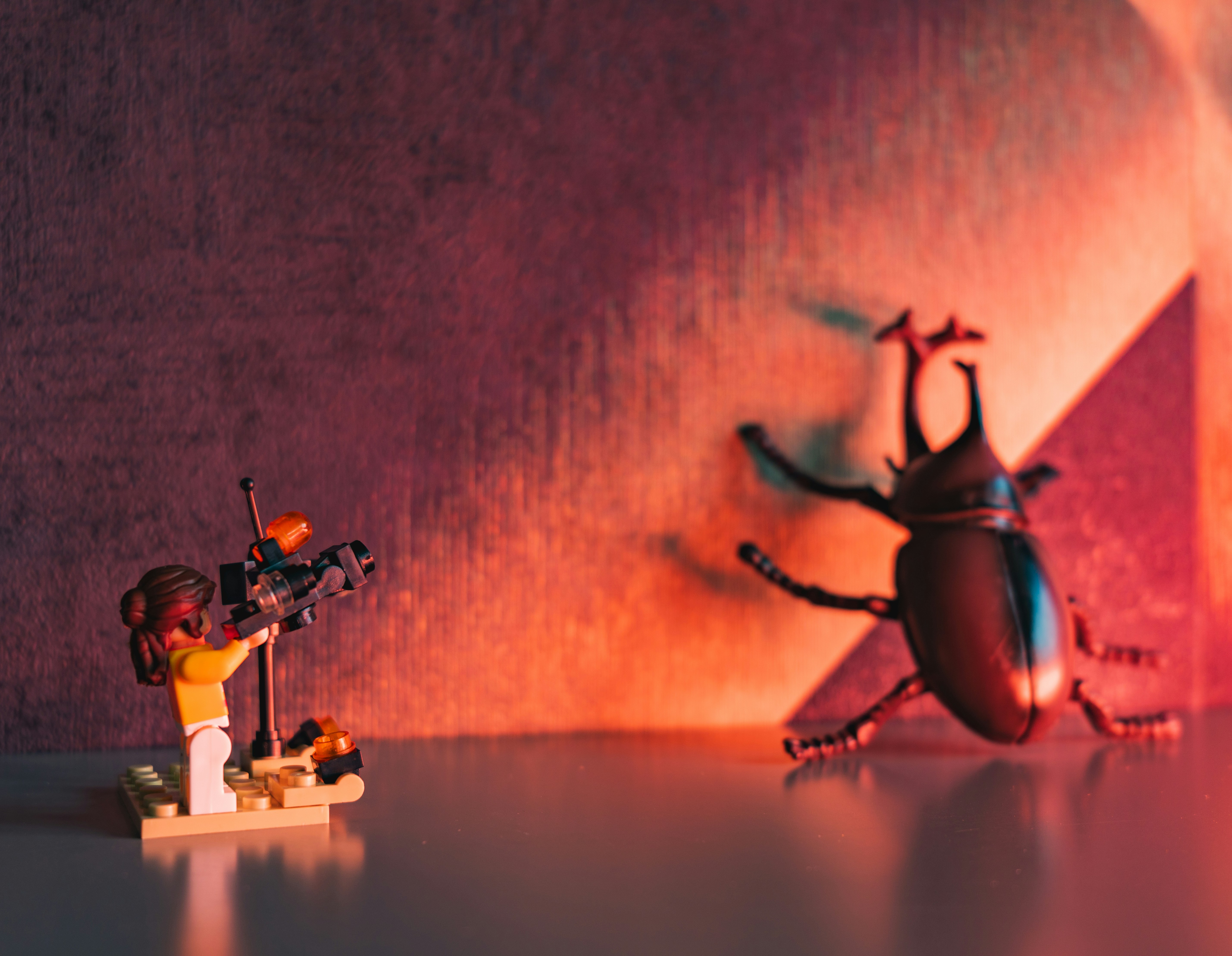 Tiny Lens, Giant Beetle: A LEGO Photographer in a Warm Studio Showdown