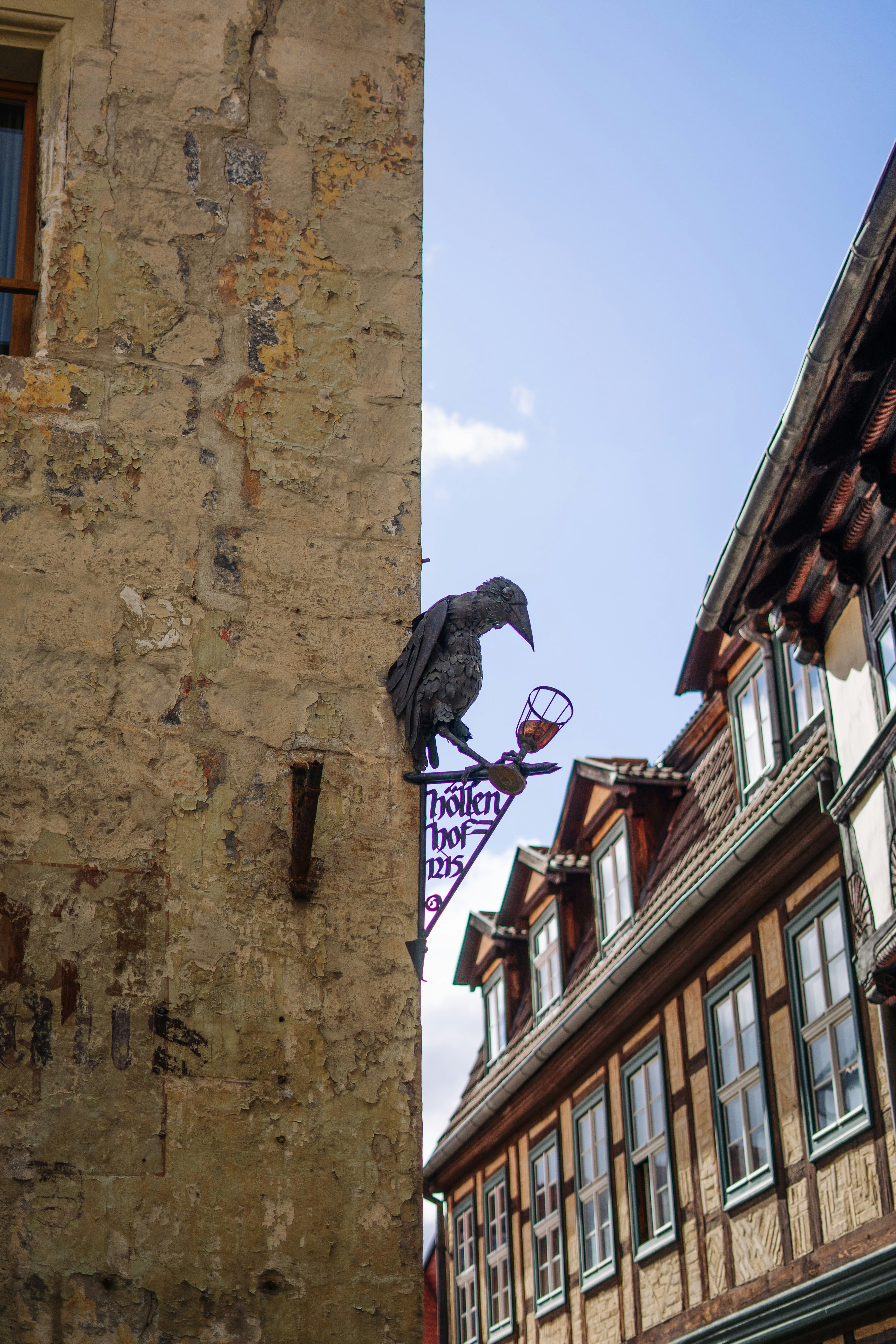 Raven Sentinel Above a Lantern Sign on a Sunlit European Lane