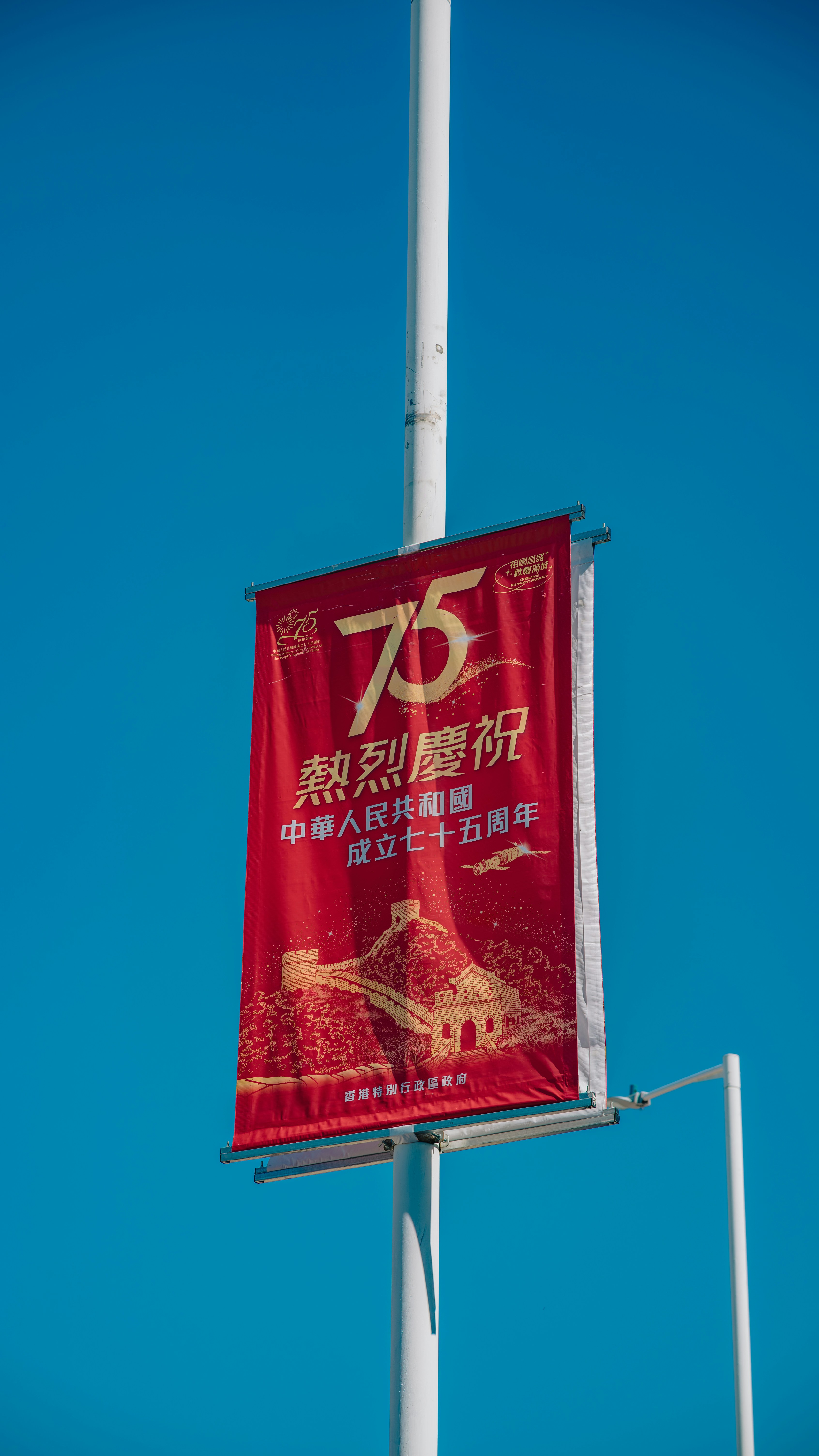 Crimson 75th Anniversary Banner Beside a Pristine Azure Sky