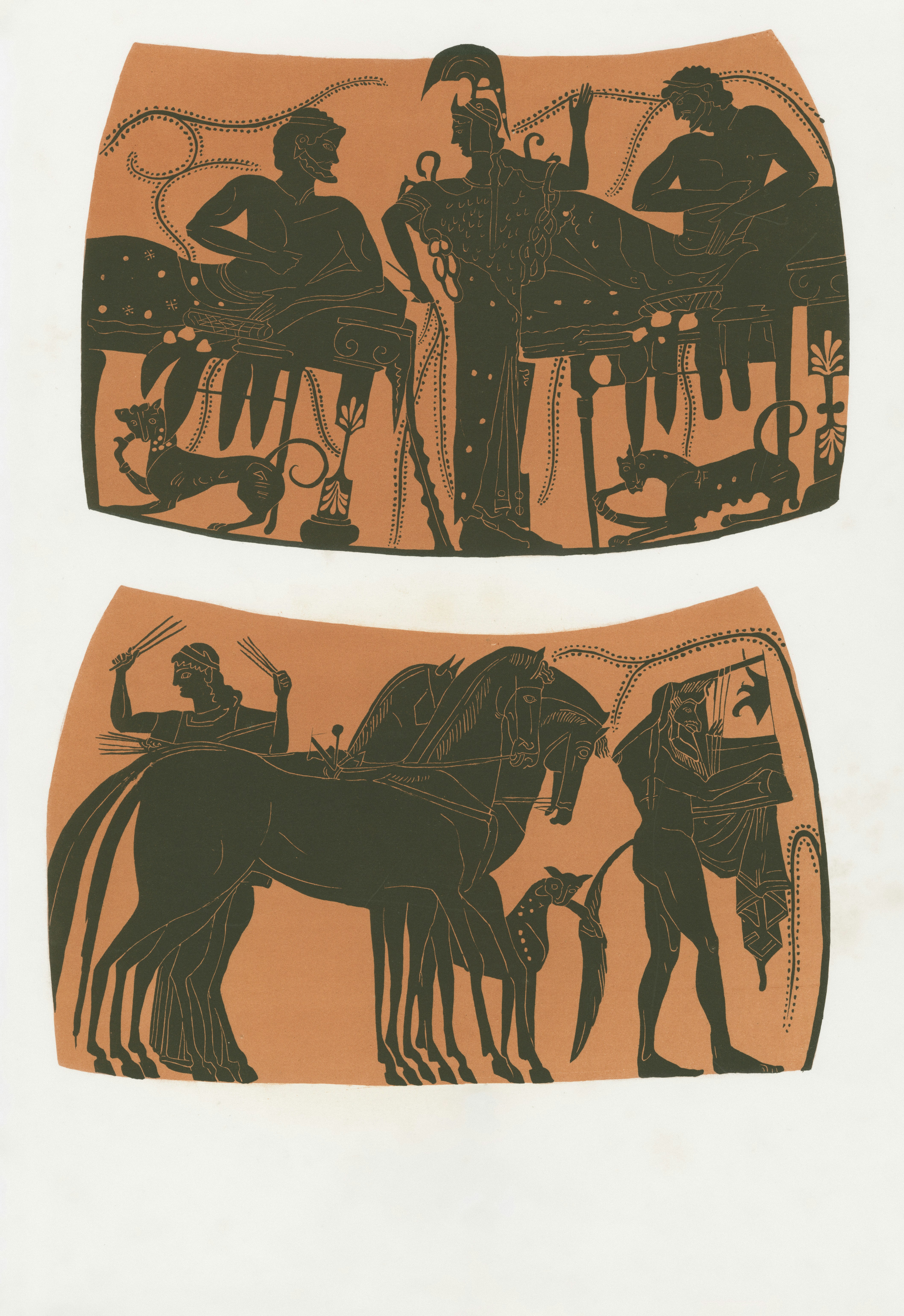 Cut-paper illustration in terracotta and black depicting two panels of charioteers and horses with ornamental scrollwork.