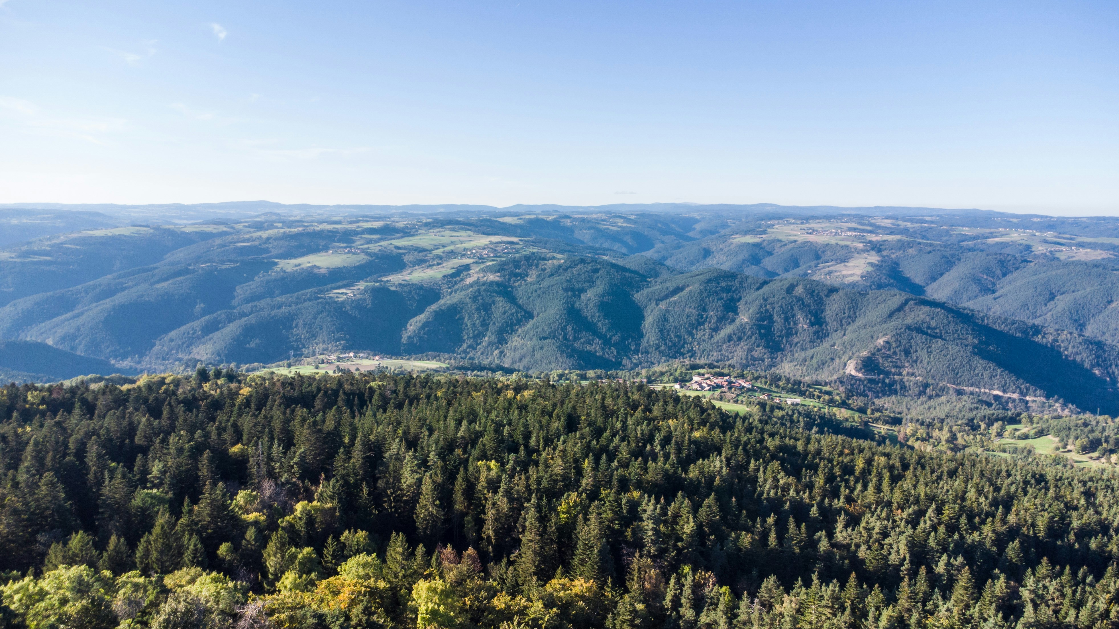 Drone photograph of rolling pine forests and distant mountains under a clear blue sky. The composition highlights layered valleys and ridges.