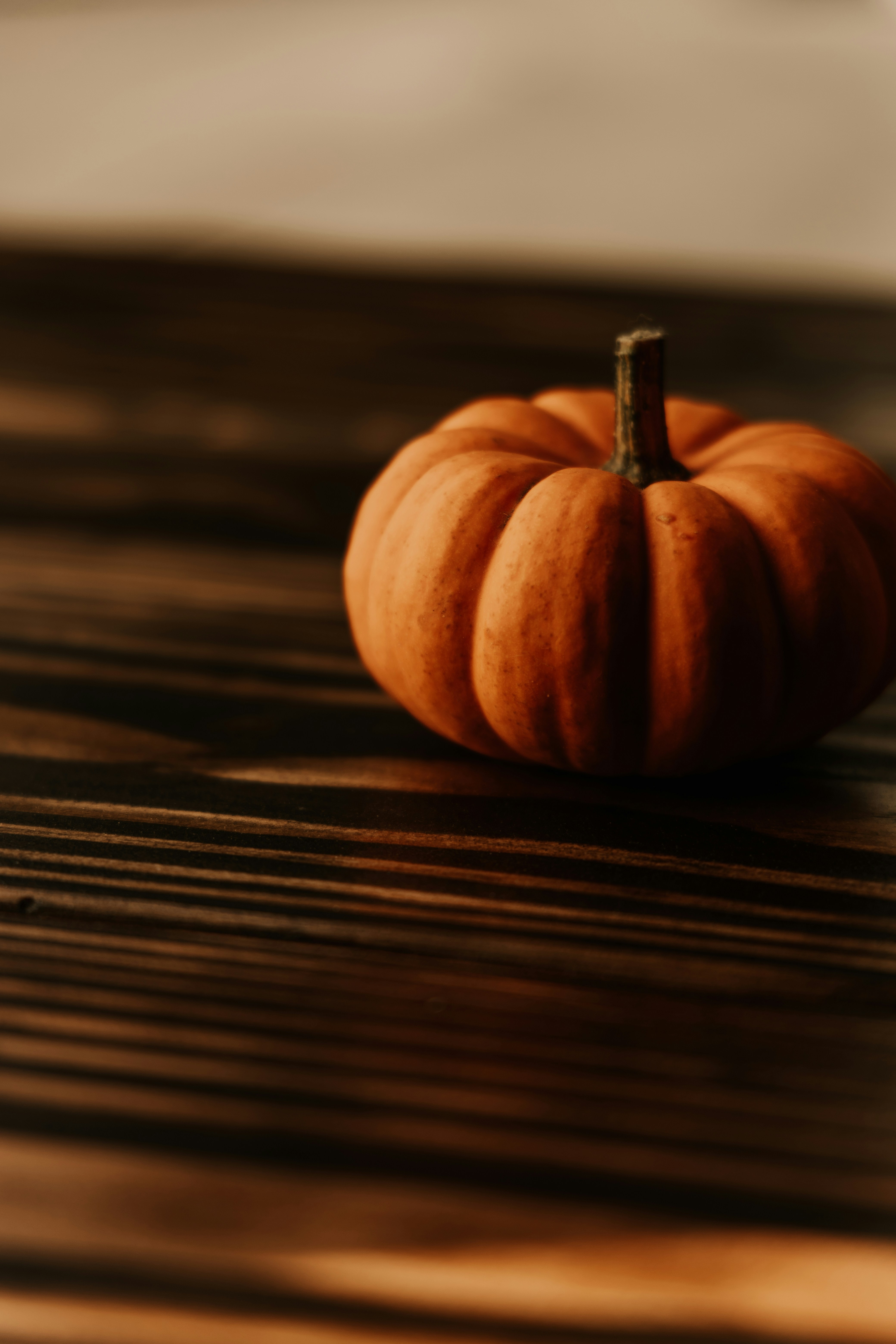 Amber Pumpkin on a Shadowed Wood Stage