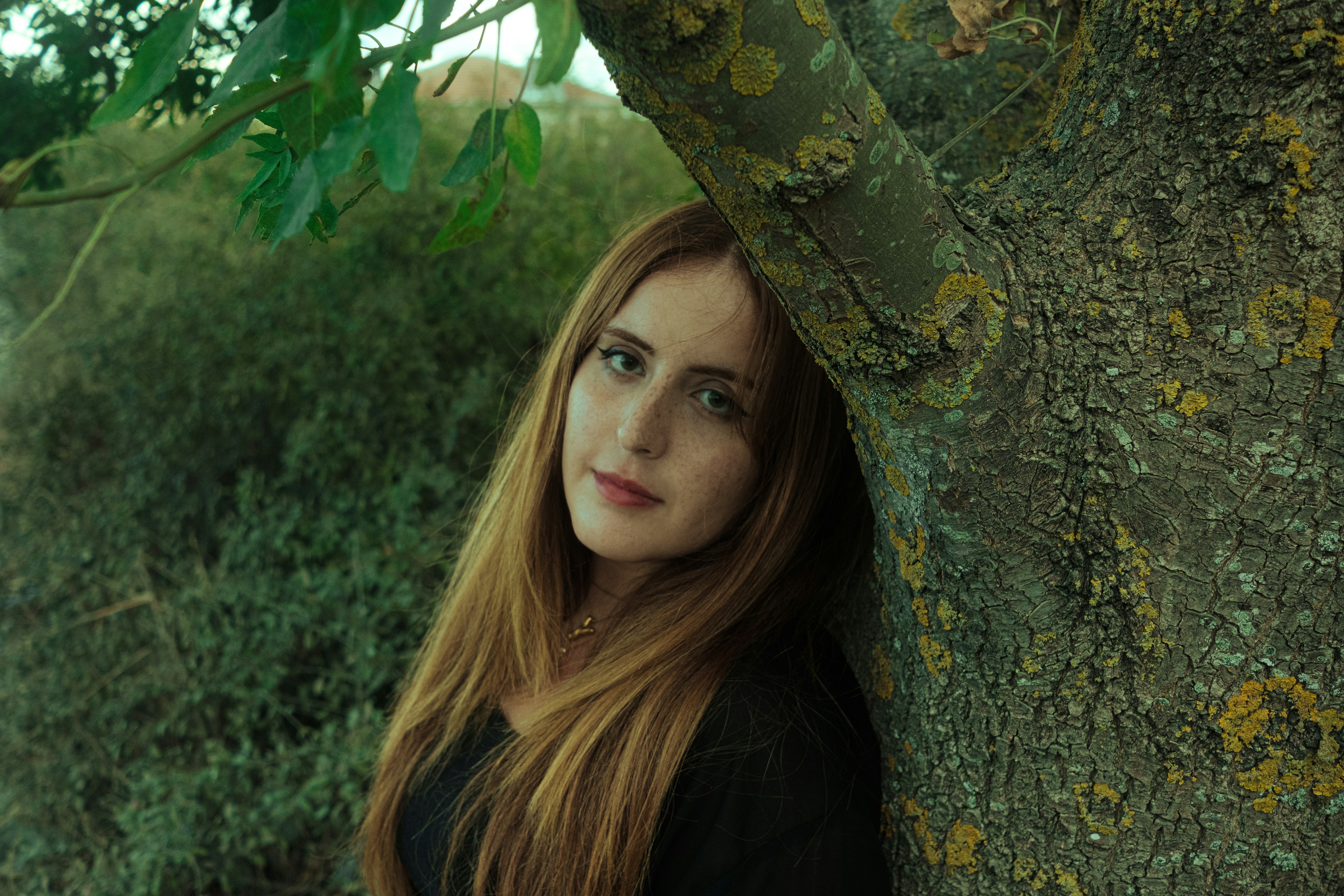 A woman leaning against a tree in a forest photo – Free Adult Image on ...