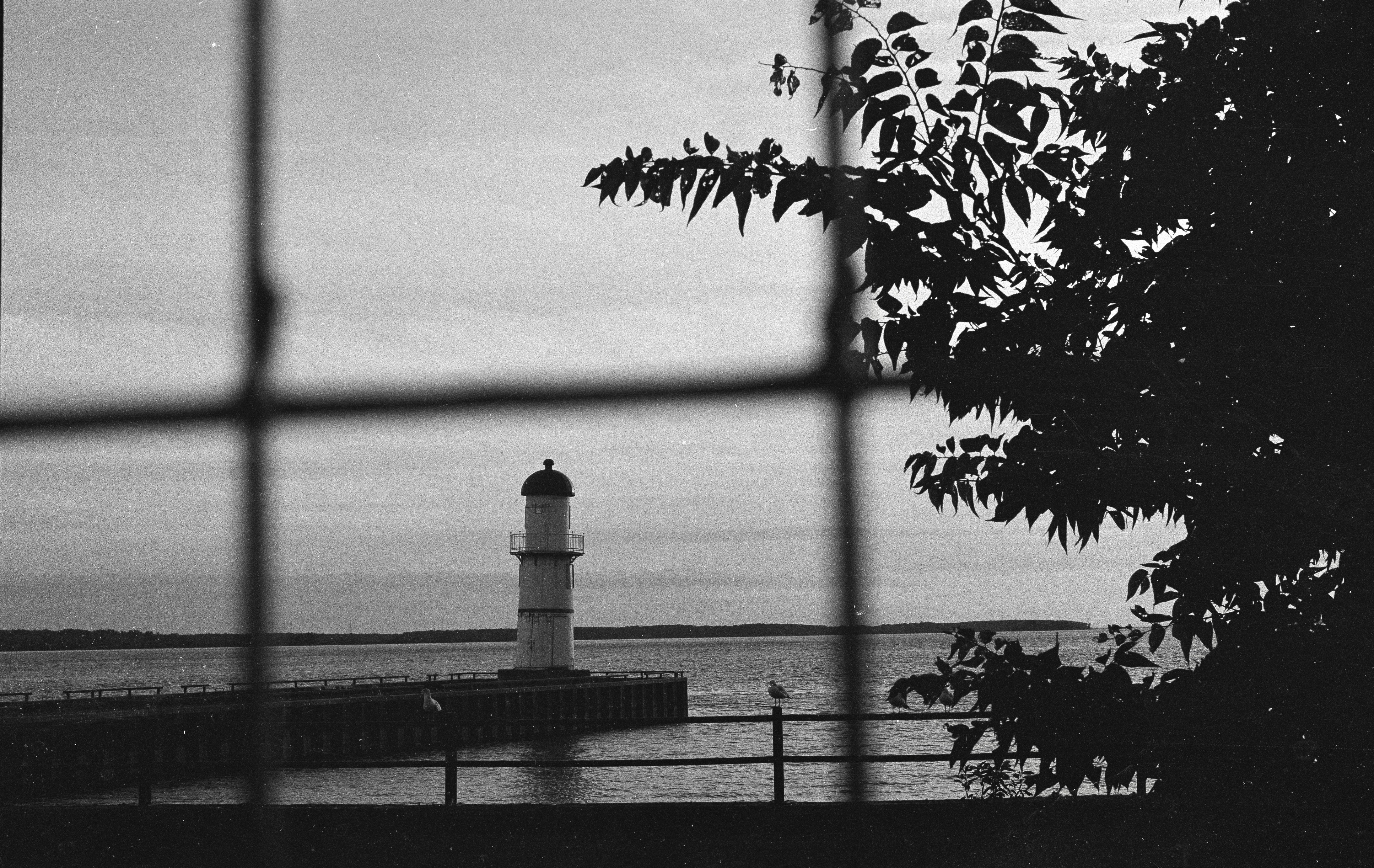 A black and white photo of a lighthouse through a window photo – Free ...